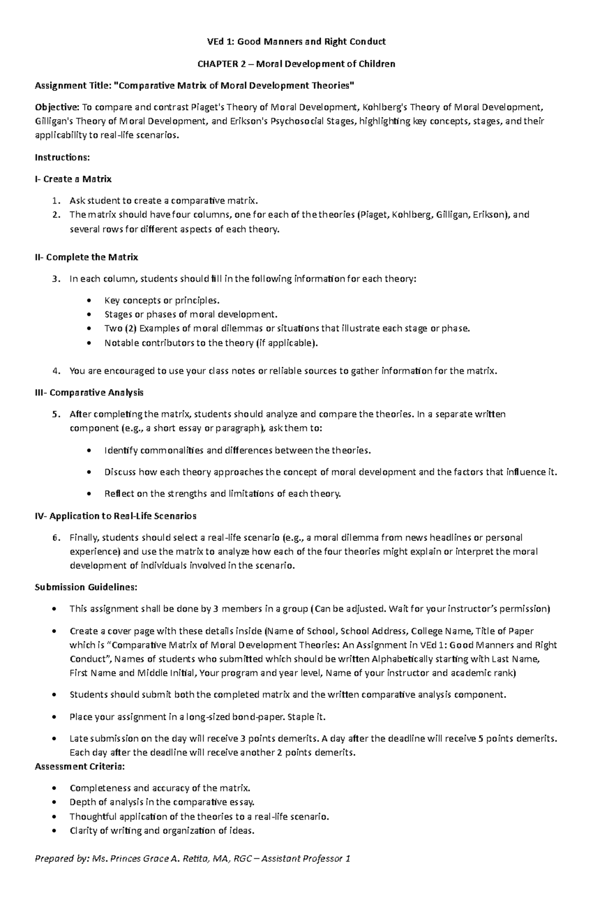 Comparative Matrix of Moral Development Theorie - VEd 1: Good Manners ...