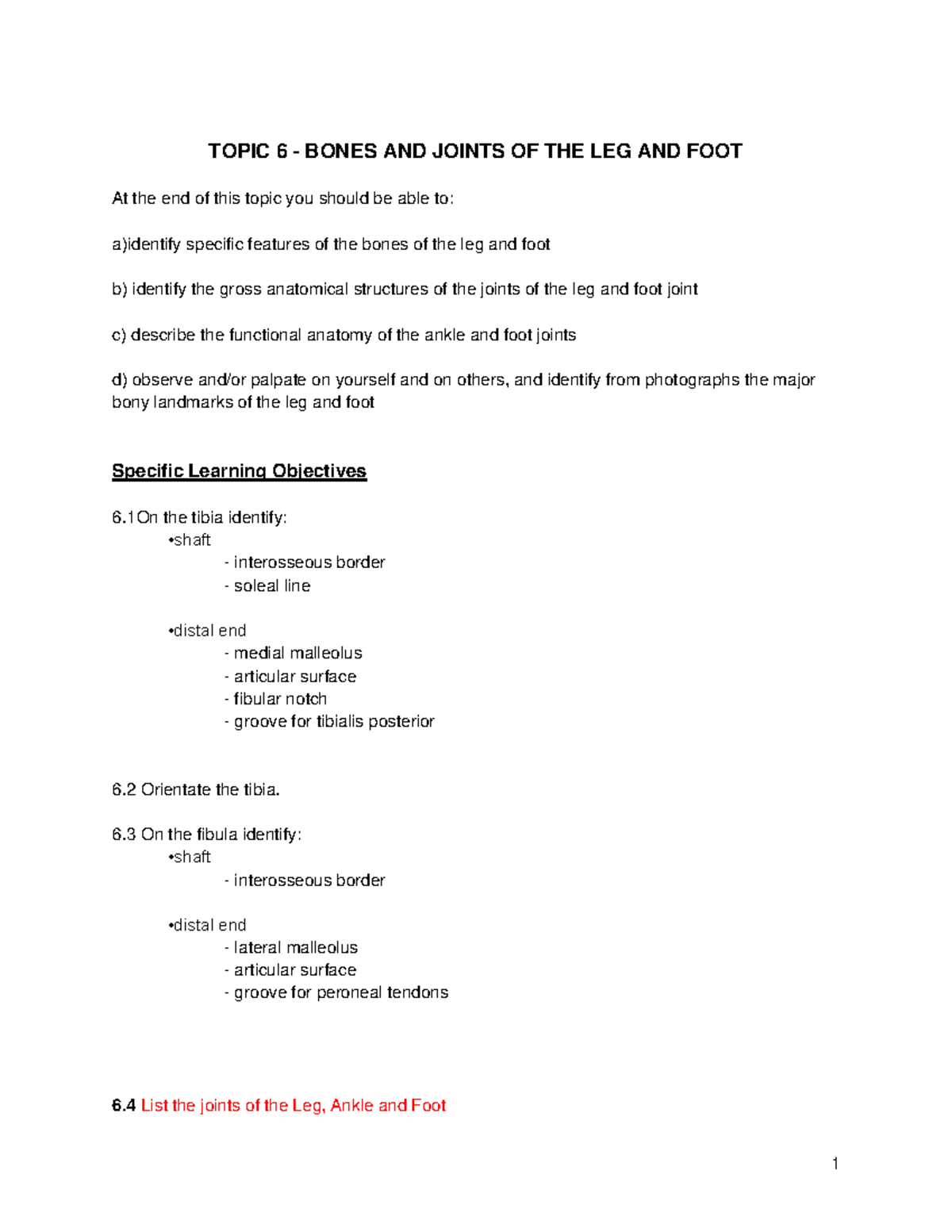 Bones and Joints of the Leg and Foot - TOPIC 6 - BONES AND JOINTS OF ...