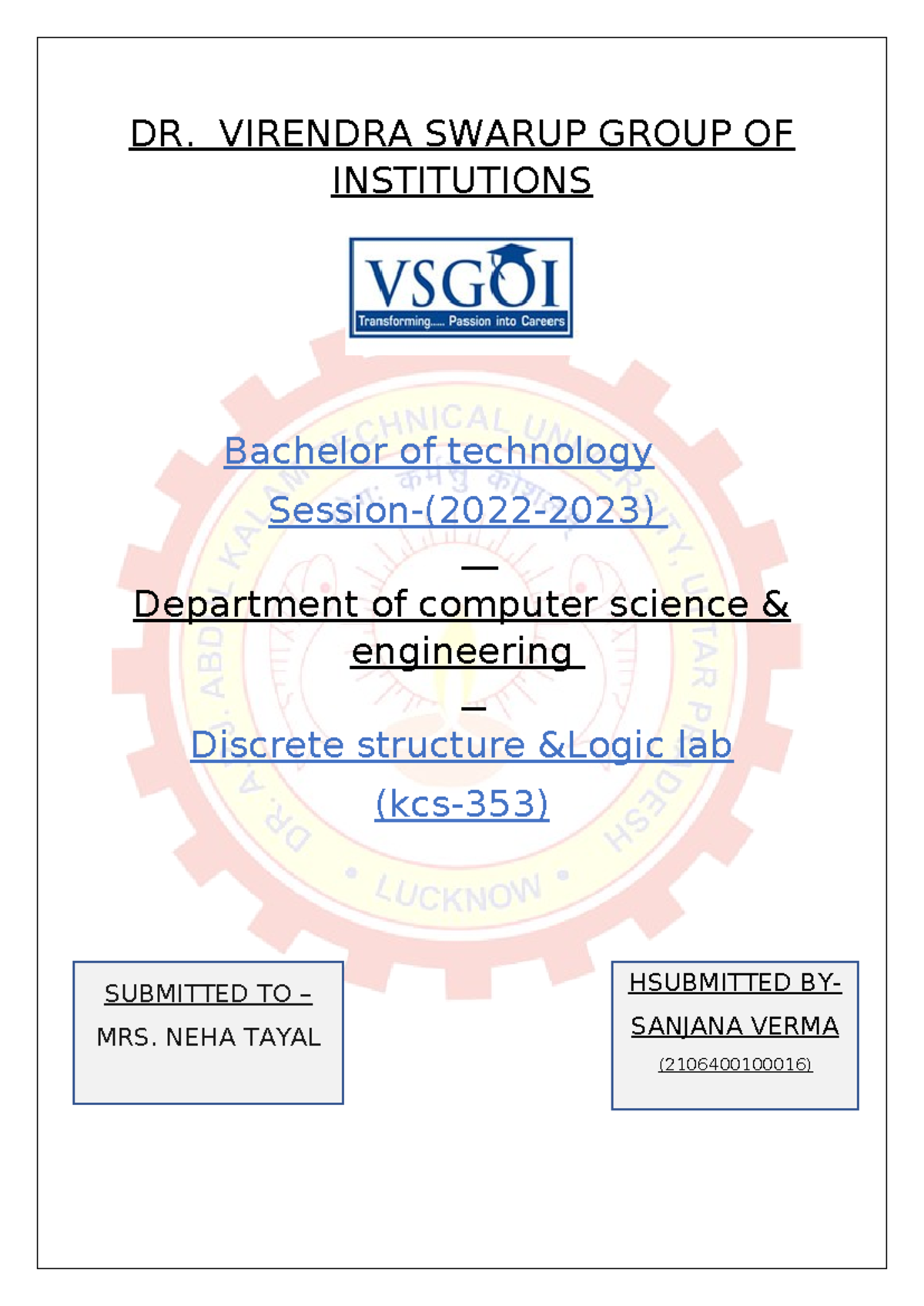 Cover PAGE - Software Engineering - DR. VIRENDRA SWARUP GROUP OF ...