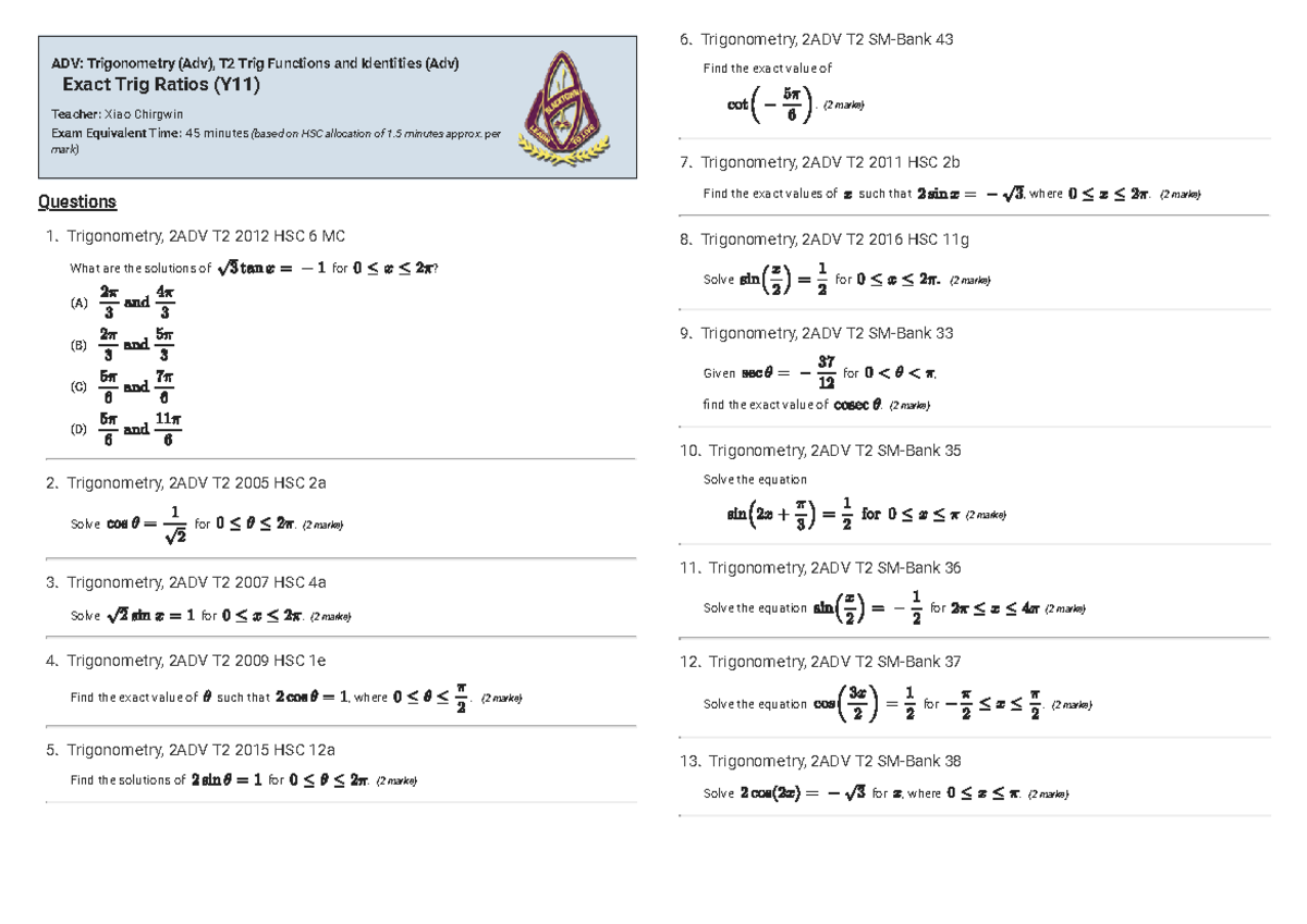 2020 Yr11 trig ratios in radians past HSC Q&A - 1. Trigonometry, 2ADV ...