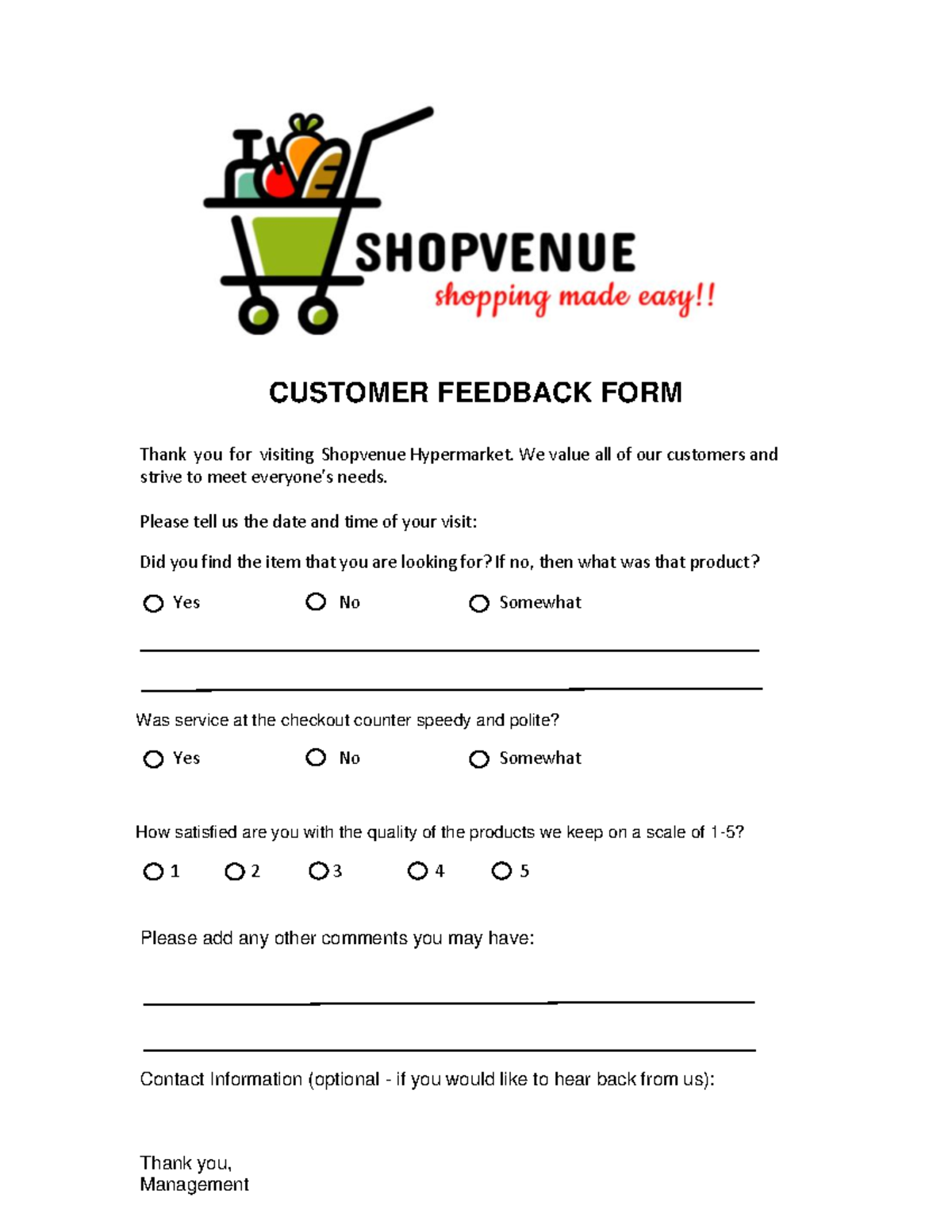 Customer Feedback Form Example-converted - CUSTOMER FEEDBACK FORM Thank ...