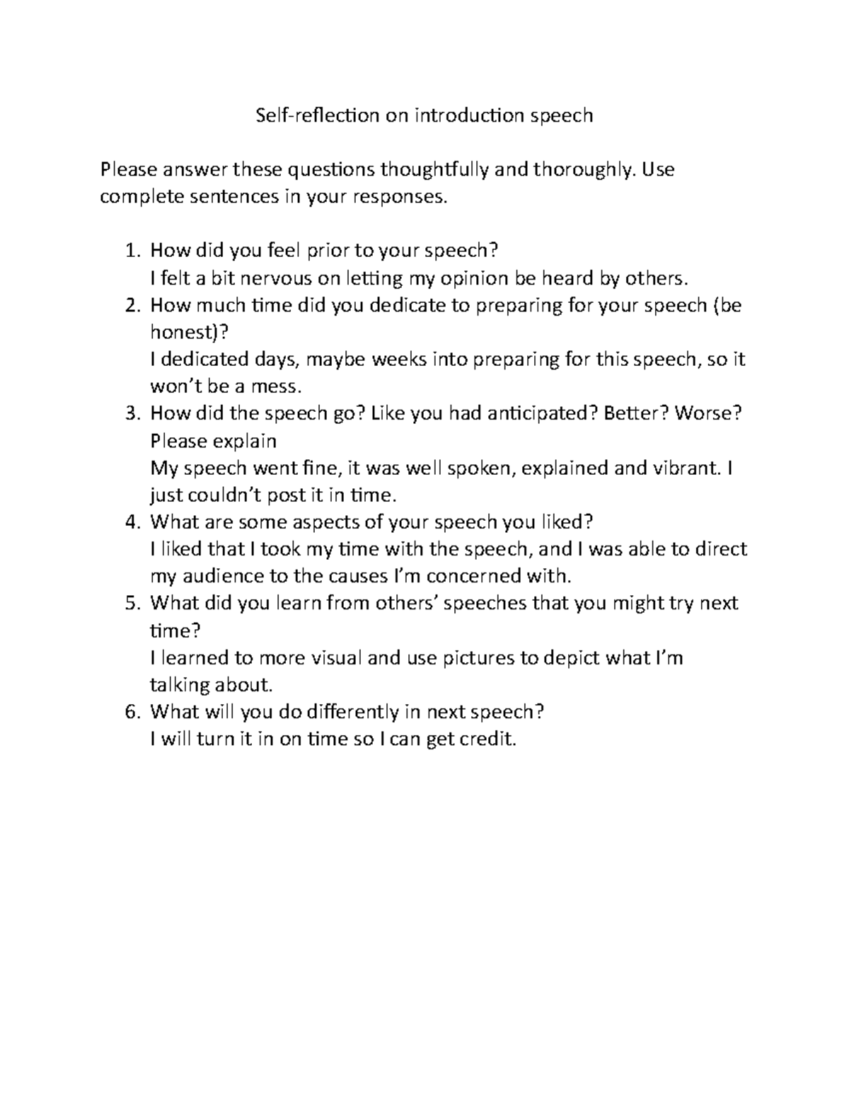 Self reflection on intro speech - Self-reflection on introduction ...