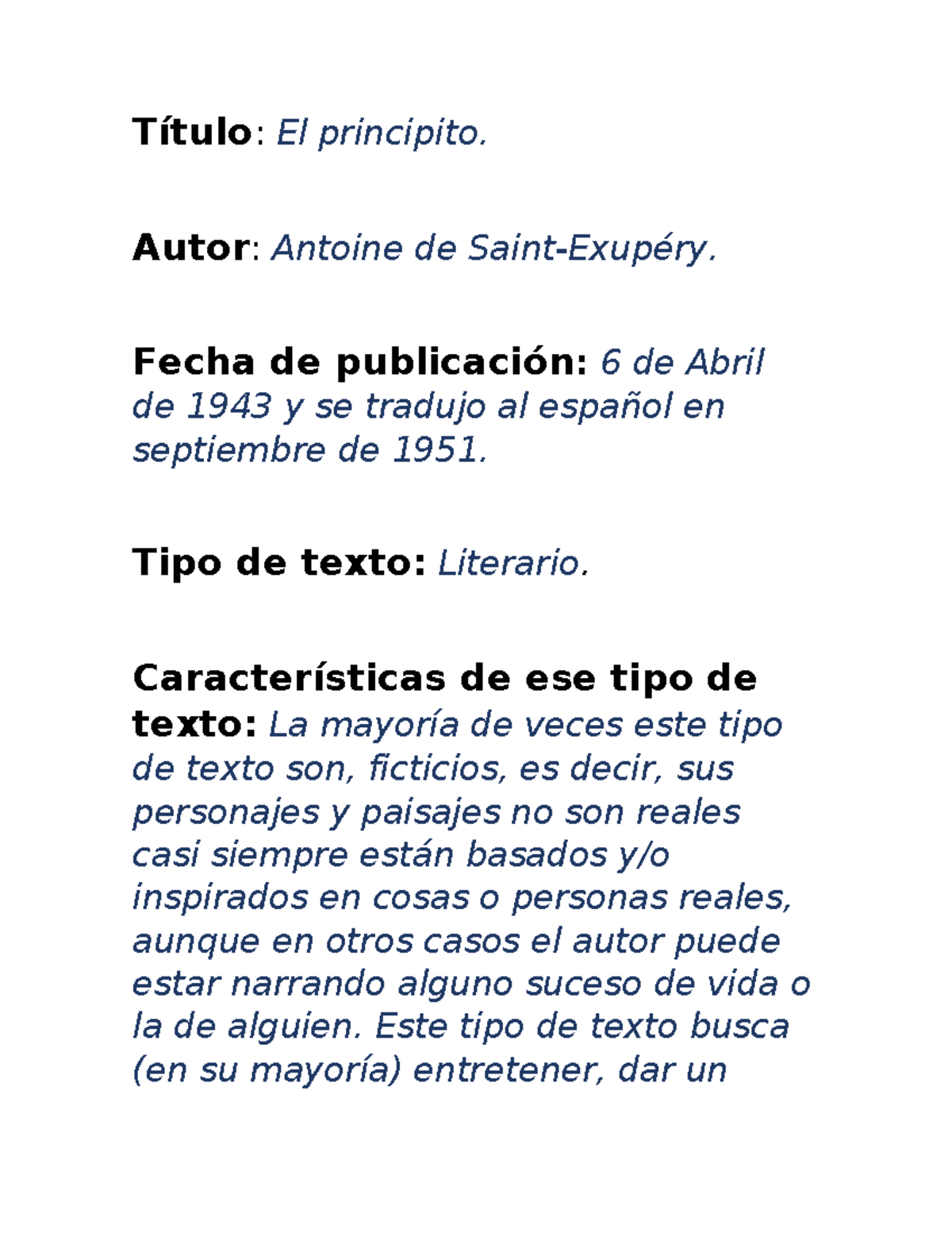 Documento (1) - Resumen del principito - Título: El principito. Autor ...