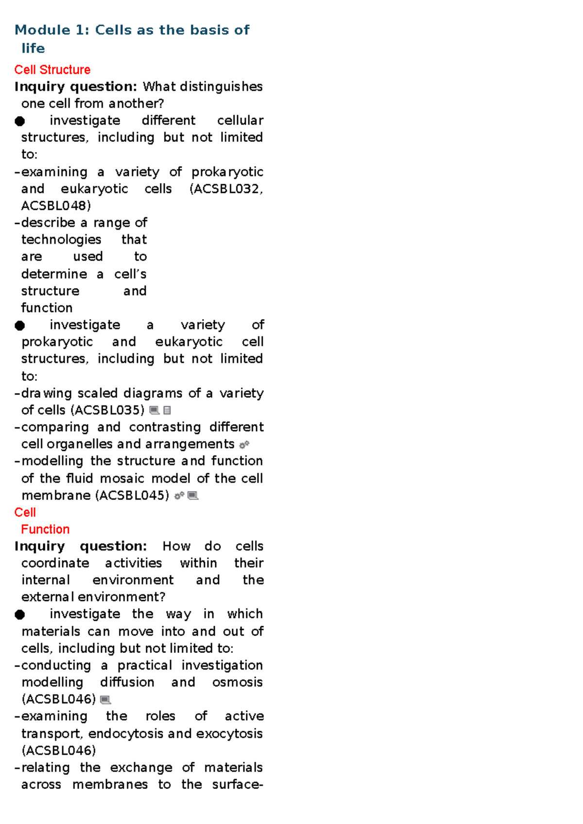 Biology 11 syllabus - Module 1: Cells as the basis of life Cell ...