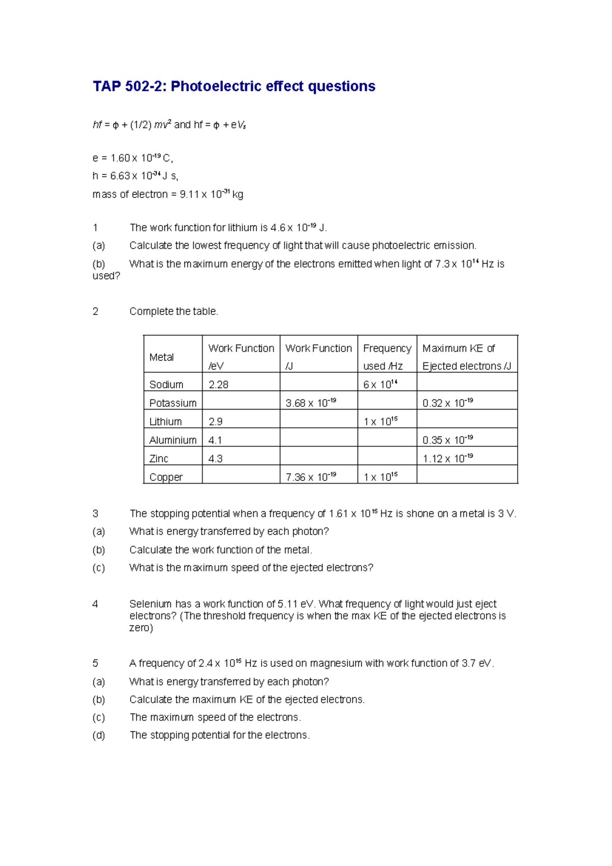 Episode 502 2 photoelectric effect questions - TAP 502-2: Photoelectric ...