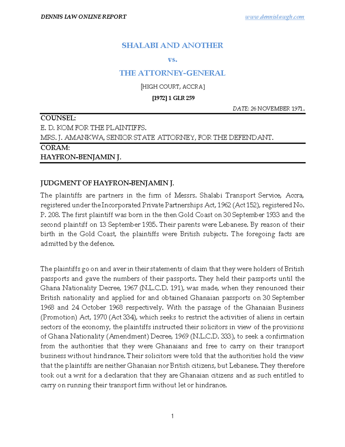 Shalabi AND Another v. THE Attorney- General 26 November 1971 - SHALABI ...