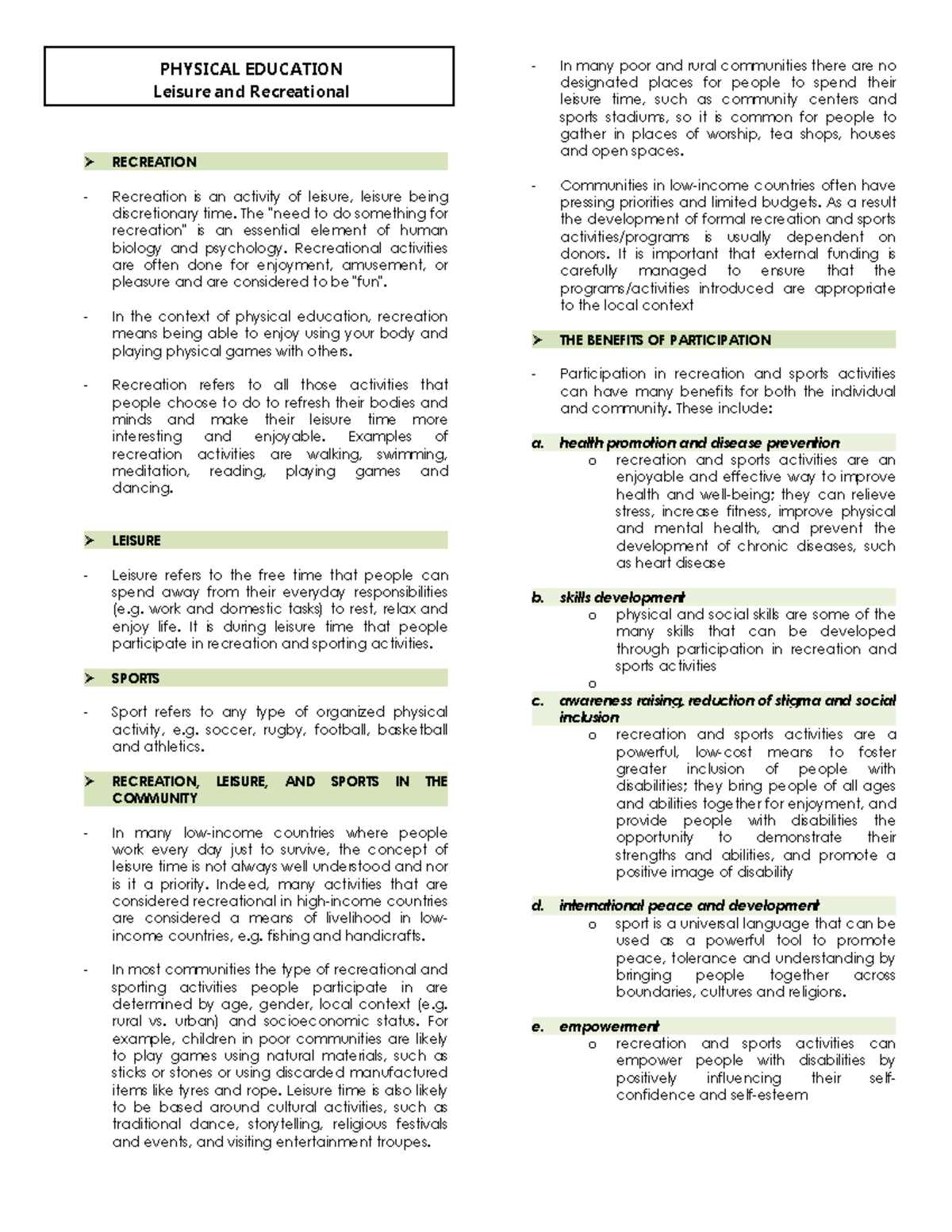 Leisure AND Recreational - PHYSICAL EDUCATION Leisure and Recreational ...