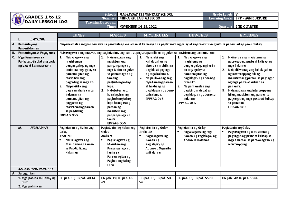 EPP DLL AGRI WK 3 - DLL - GRADES 1 to 12 DAILY LESSON LOG School ...