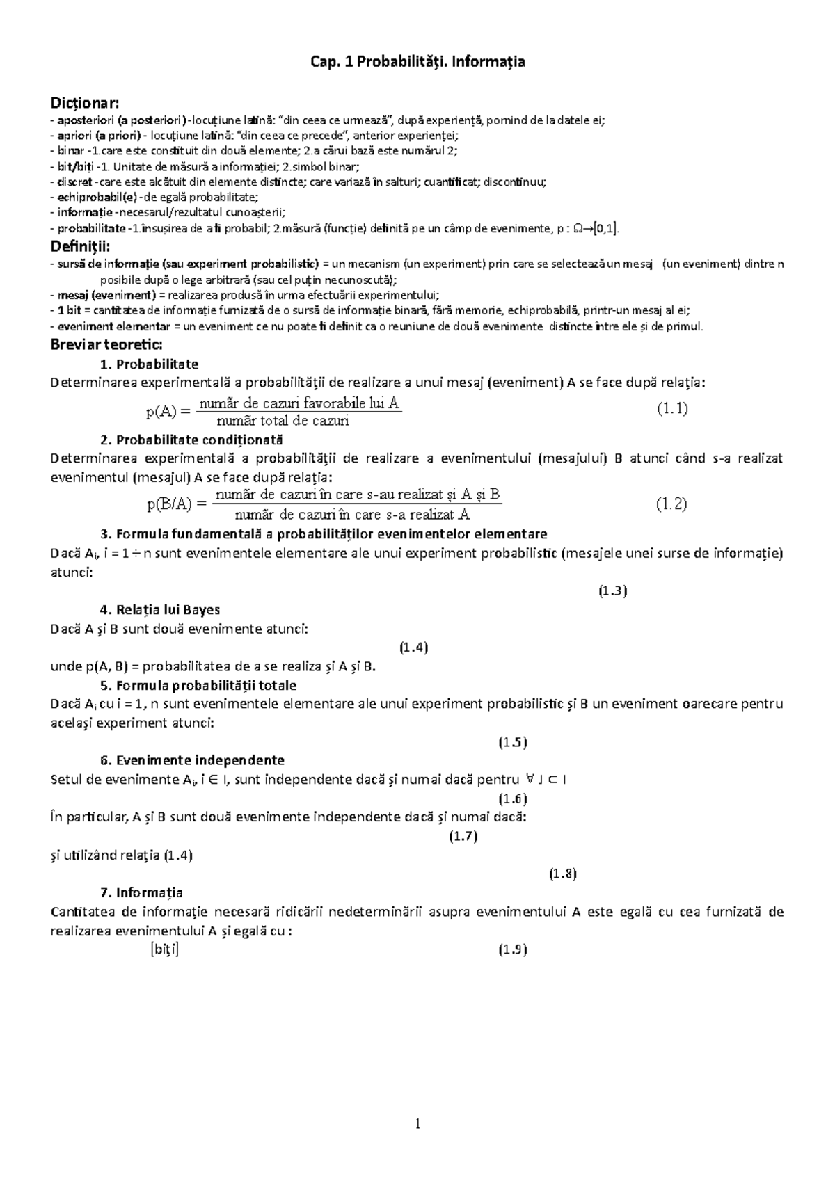 Probleme probabilitati si informatie - Cap. 1 Probabilităţi. Informaţia ...