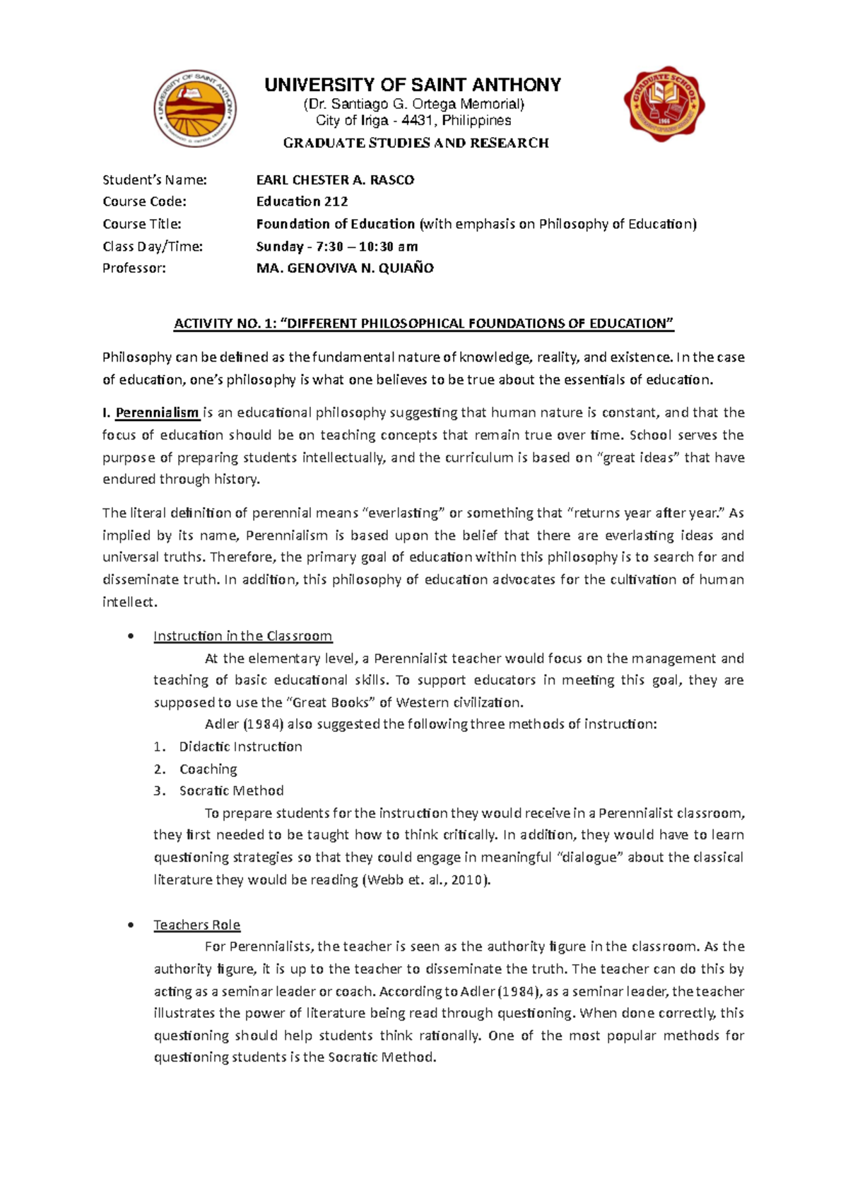 Rasco, EC - EDUC 212 Activity 1 - UNIVERSITY OF SAINT ANTHONY (Dr ...