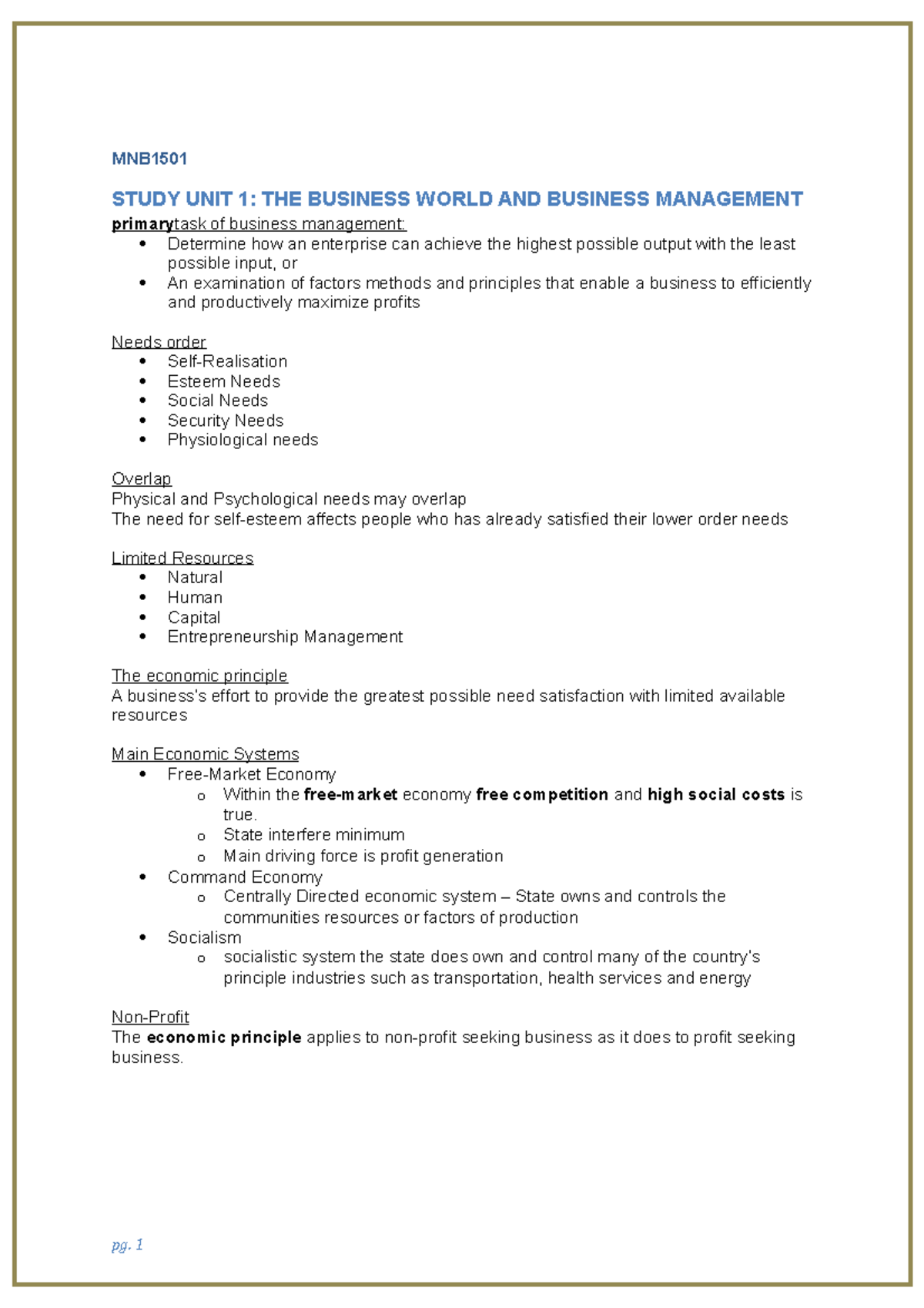 MNB1601 Notes SU 1 - Summary Business Management - MNB1501 STUDY UNIT 1 ...