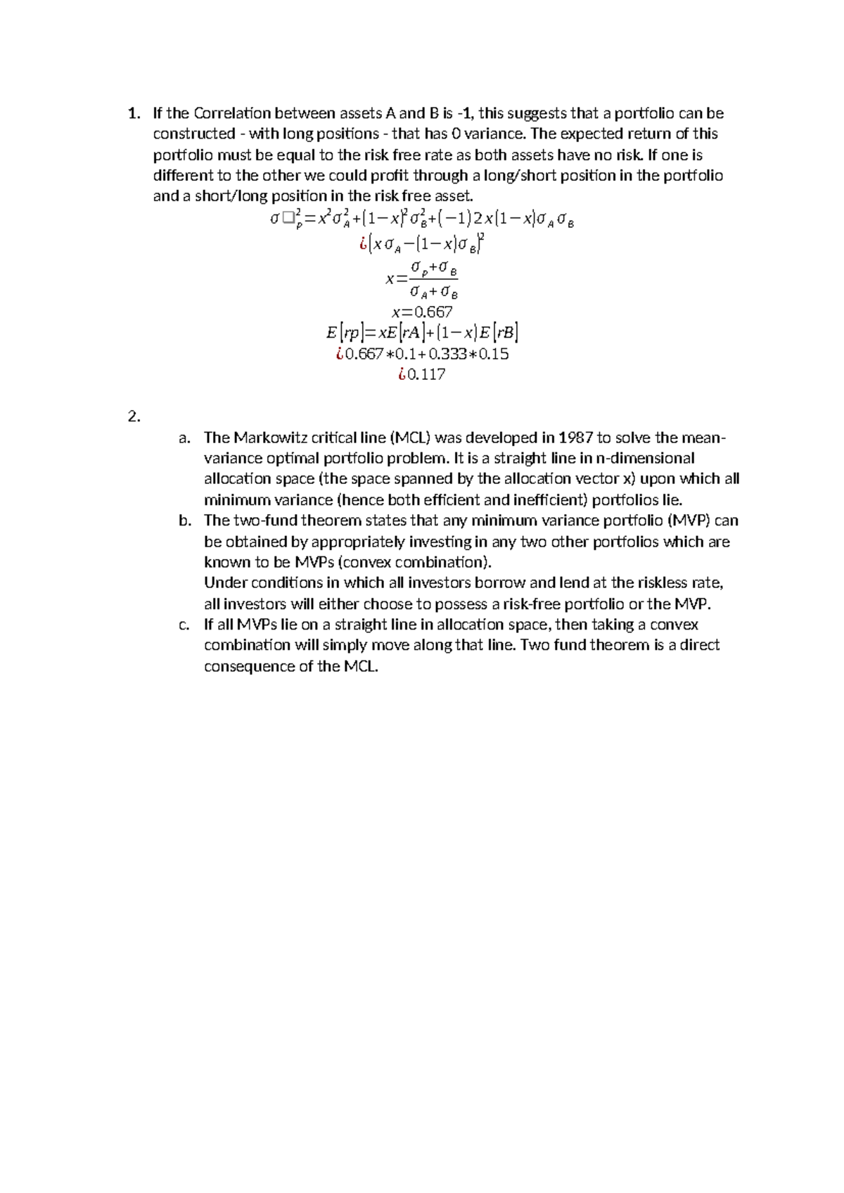 Solutions to week 4 Tut - If the Correlation between assets A and B is -1, this suggests that a ...