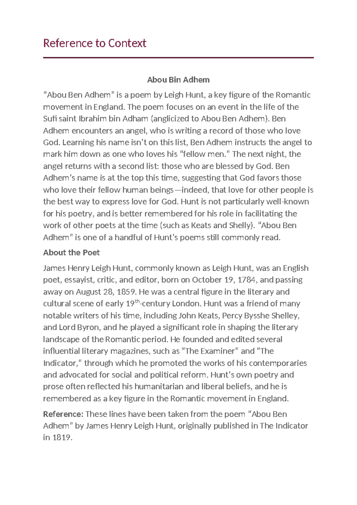 Abou bin adhem Reference Poem 9th - Reference to Context Abou Bin Adhem “Abou Ben Adhem” is a ...