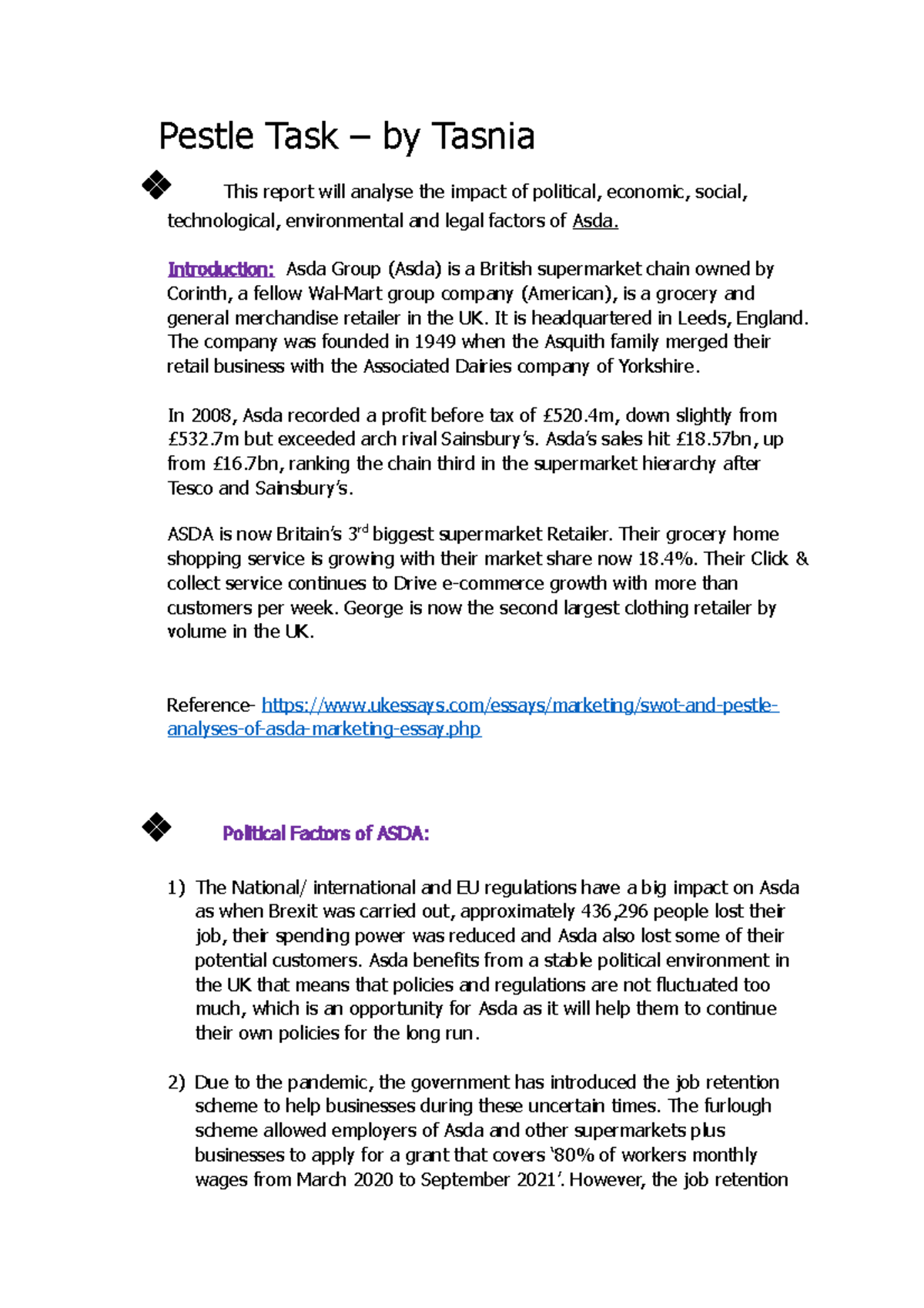 Asda pestle - Pestle Task – by Tasnia This report will analyse the ...