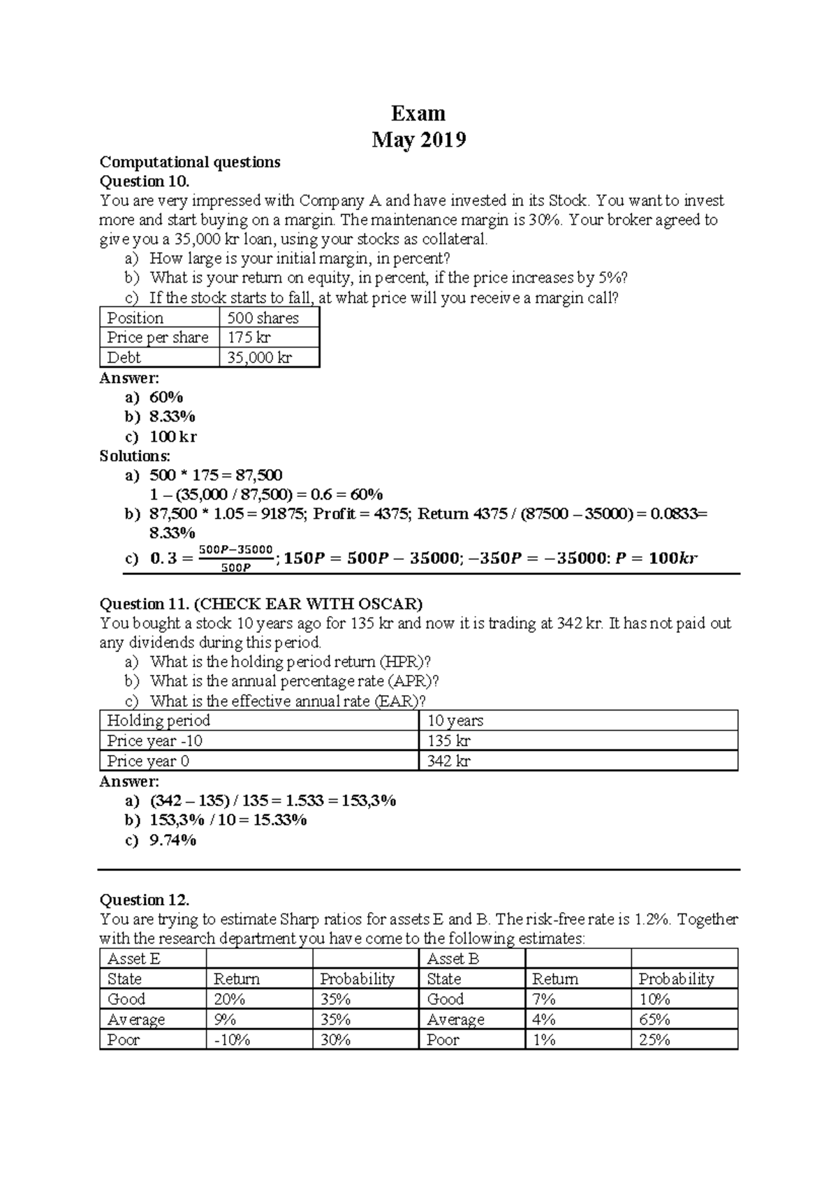Computational questions - old exams - FIN II - Exam May 2019 ...