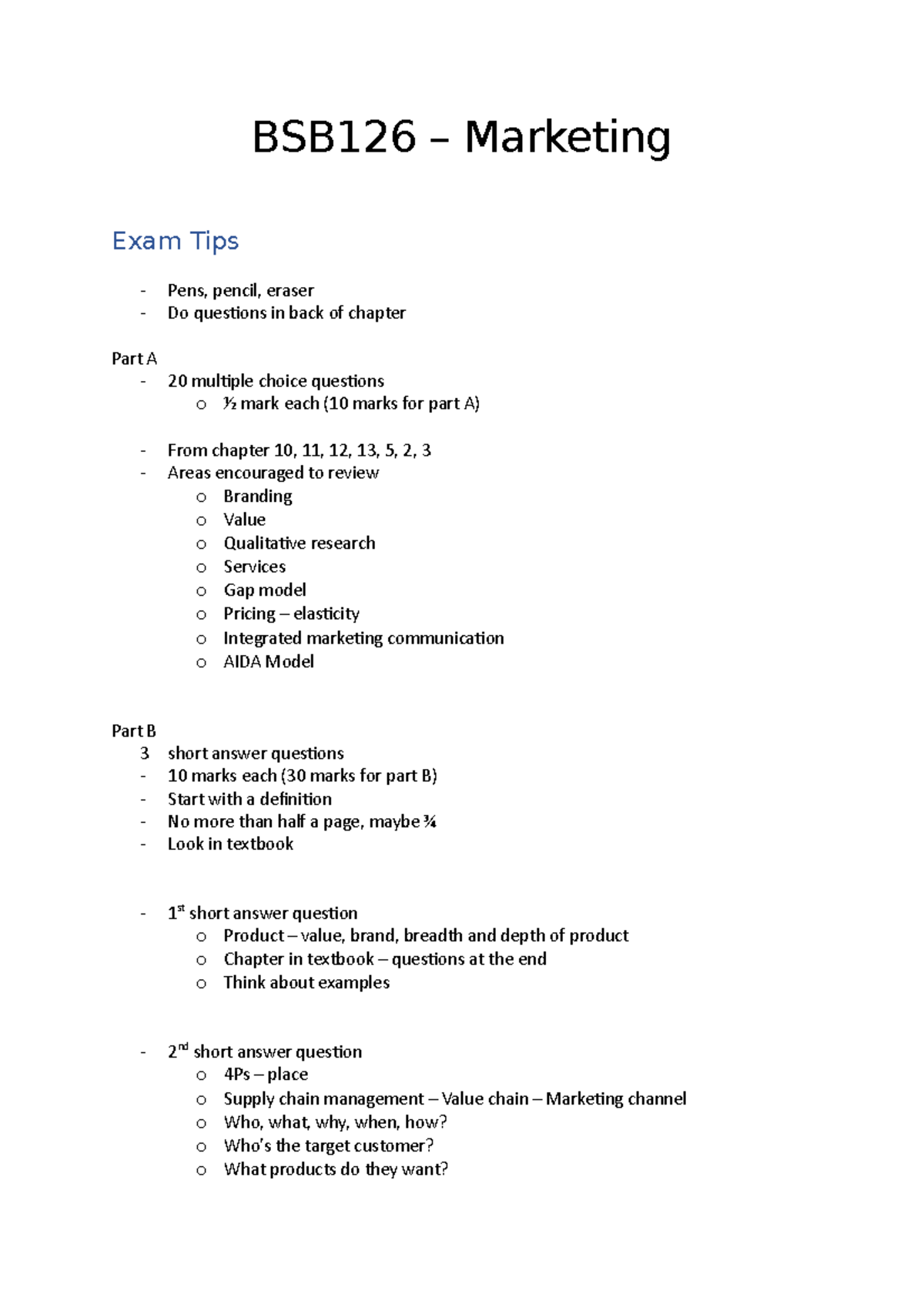 Exam 2019, questions and answers - BSB126 – Marketing Exam Tips Pens, pencil, eraser Do ...