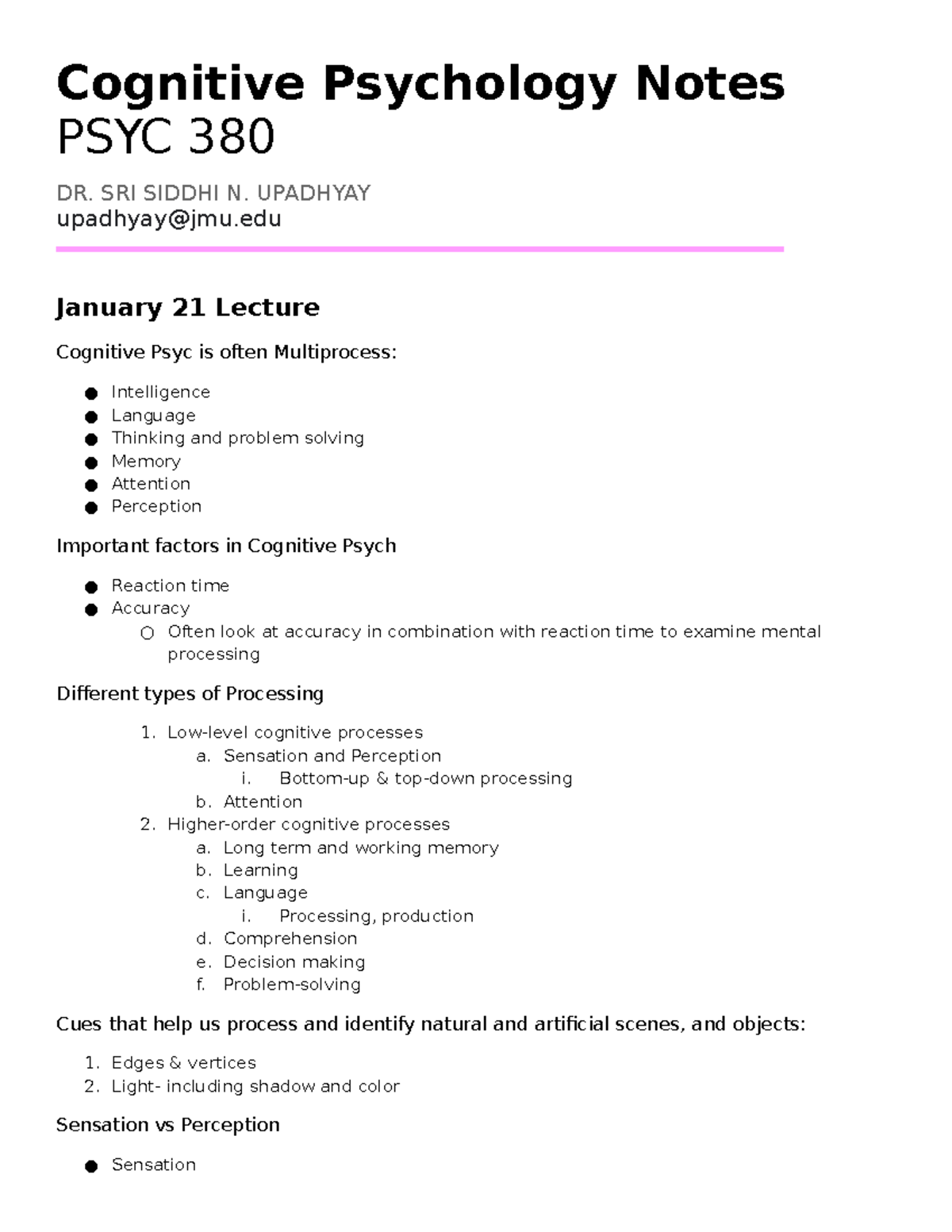 Cognitive Psyc Notes - Dr Sri U - Cognitive Psychology Notes PSYC 380 ...