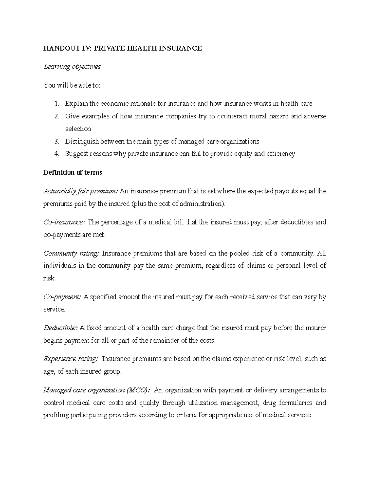 Handout IV - Private Health Insurance - HANDOUT IV: PRIVATE HEALTH ...