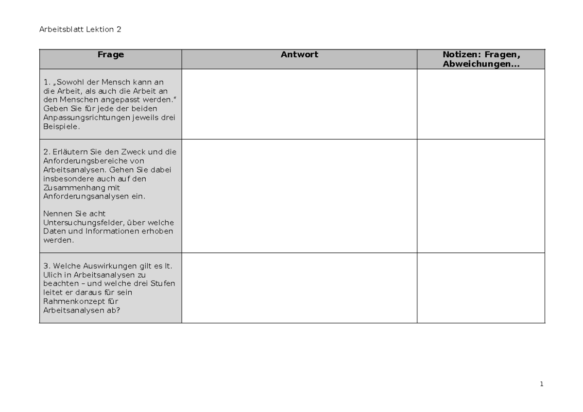 Arbeitsblatt Lektion 2 - .. 1. „Sowohl der Mensch kann an die Arbeit ...