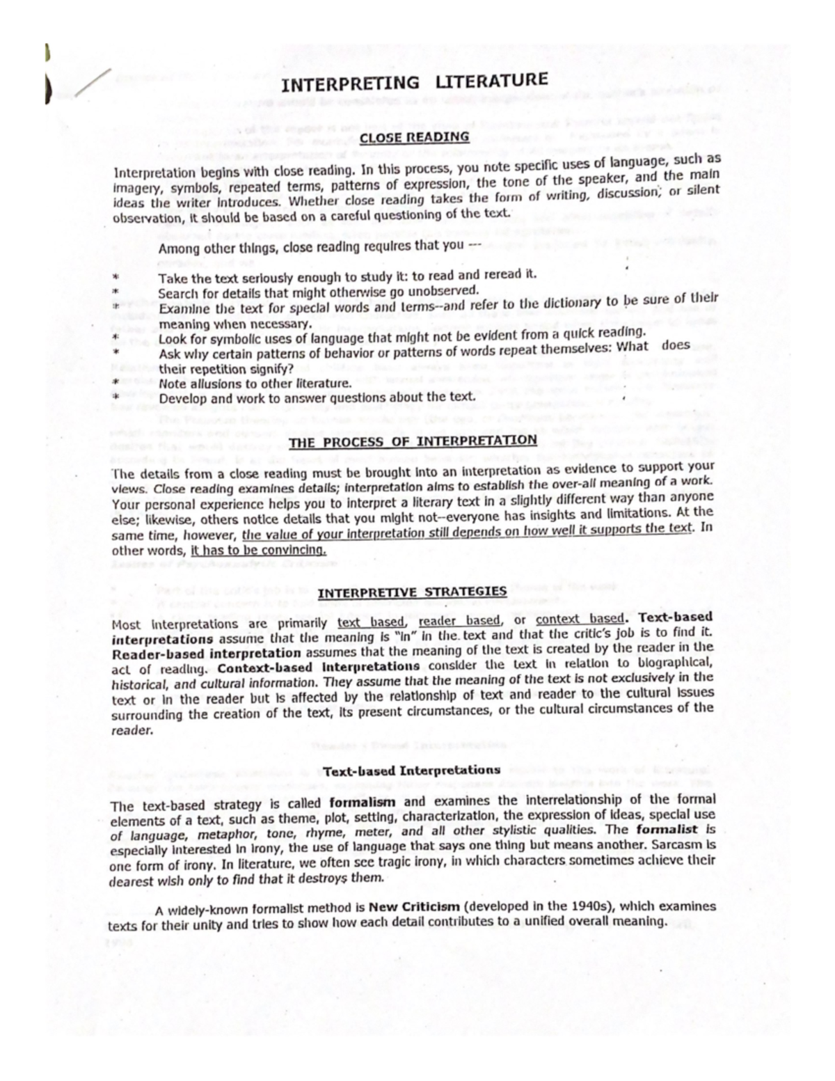 Interpreting Literature-2 - INTERPRETING LITERATURE CLOSE READING ...
