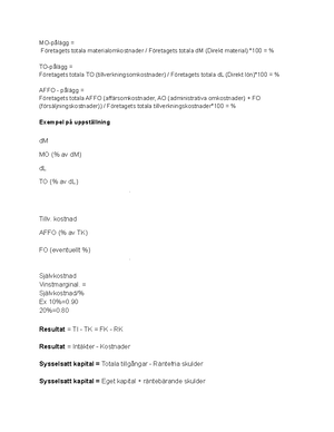 Kalk formler - Kalkylering och investeringsbedömning - formelblad MO-pålägg ...