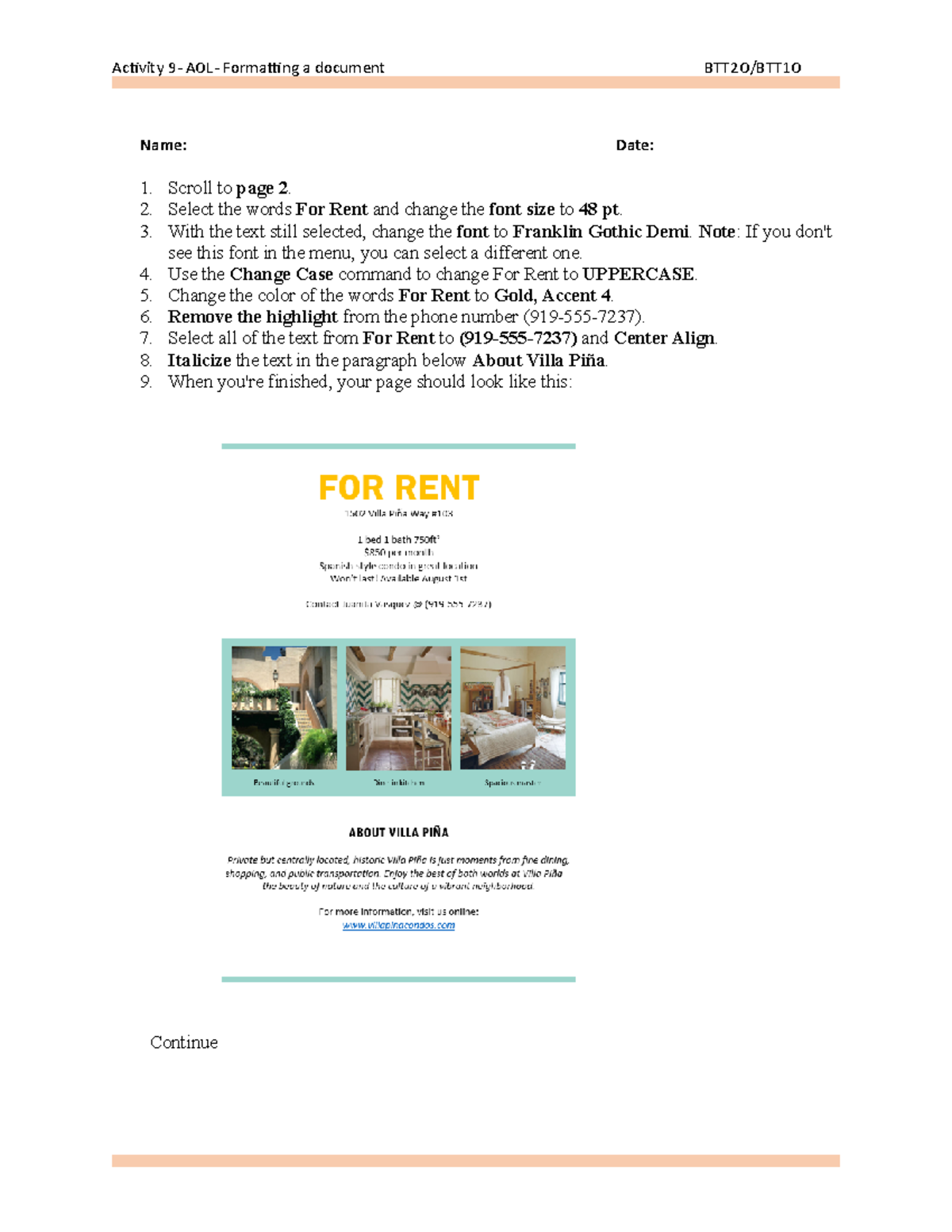 Activity 9- AOL- Formatting a document - Select the words For Rent and ...