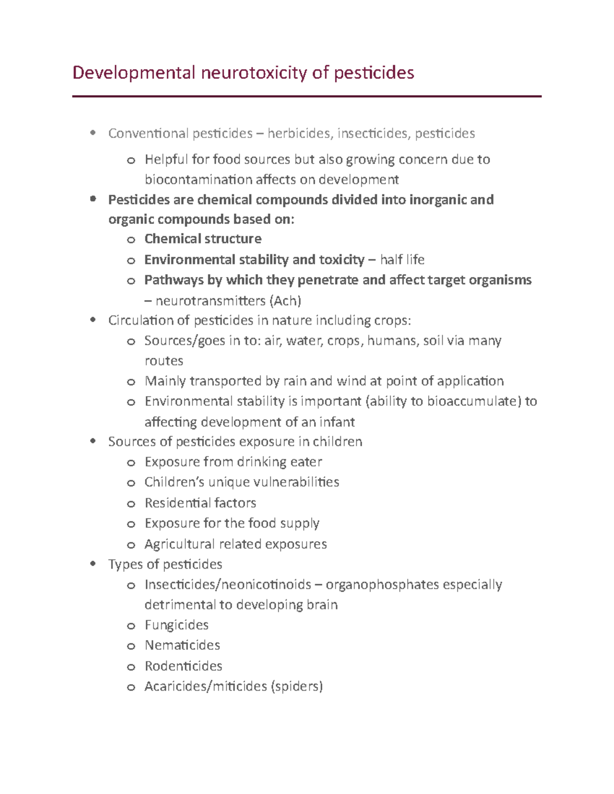 Developmental neurotoxicity of pesticides - Studocu