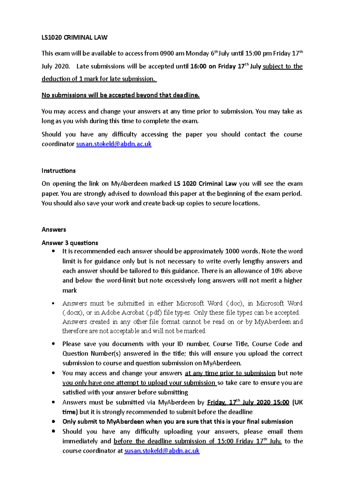 LS1020 Exam paper with Instructions - LS1020 CRIMINAL LAW This exam will be available to access ...