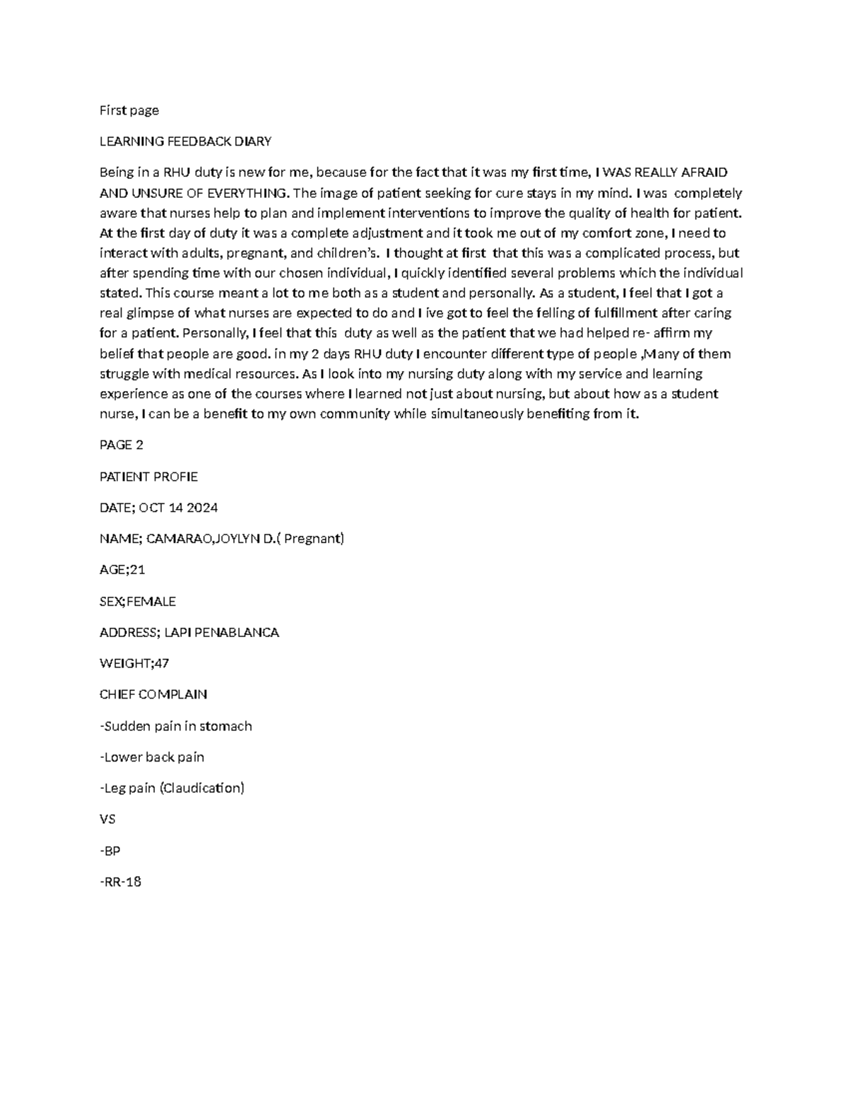 CASE Study - None - First page LEARNING FEEDBACK DIARY Being in a RHU ...