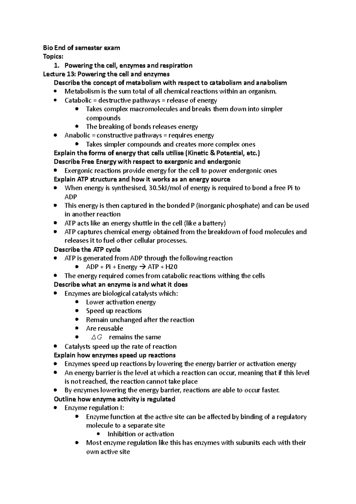 Bio End of semester exam - Bio End of semester exam Topics: 1. Powering ...