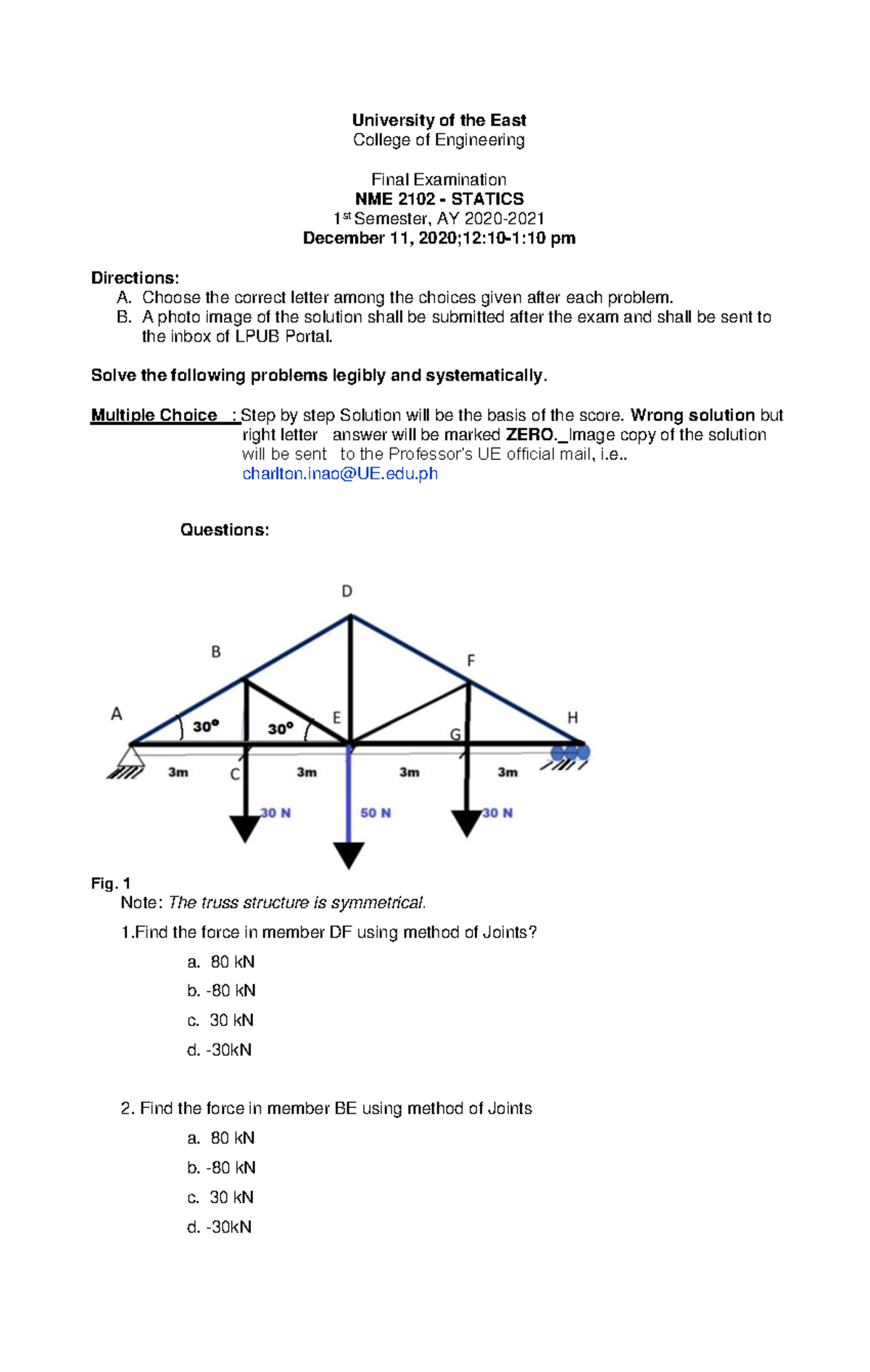 Final Exam Statics dec 11 2020 UE CAL 1 - University of the East ...