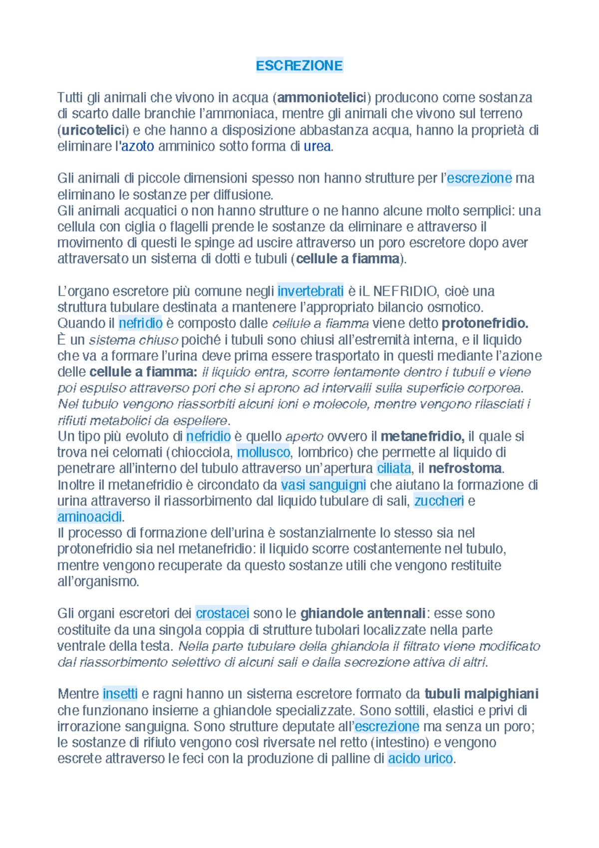 Sistema Escretore - Riassunto Zoologia c.i. - ESCREZIONE Tutti gli ...