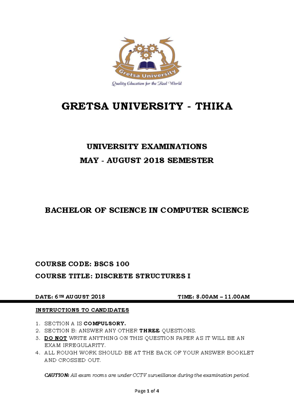 BSCS 100 Discrete Structures I - GRETSA UNIVERSITY - THIKA UNIVERSITY EXAMINATIONS MAY - AUGUST ...