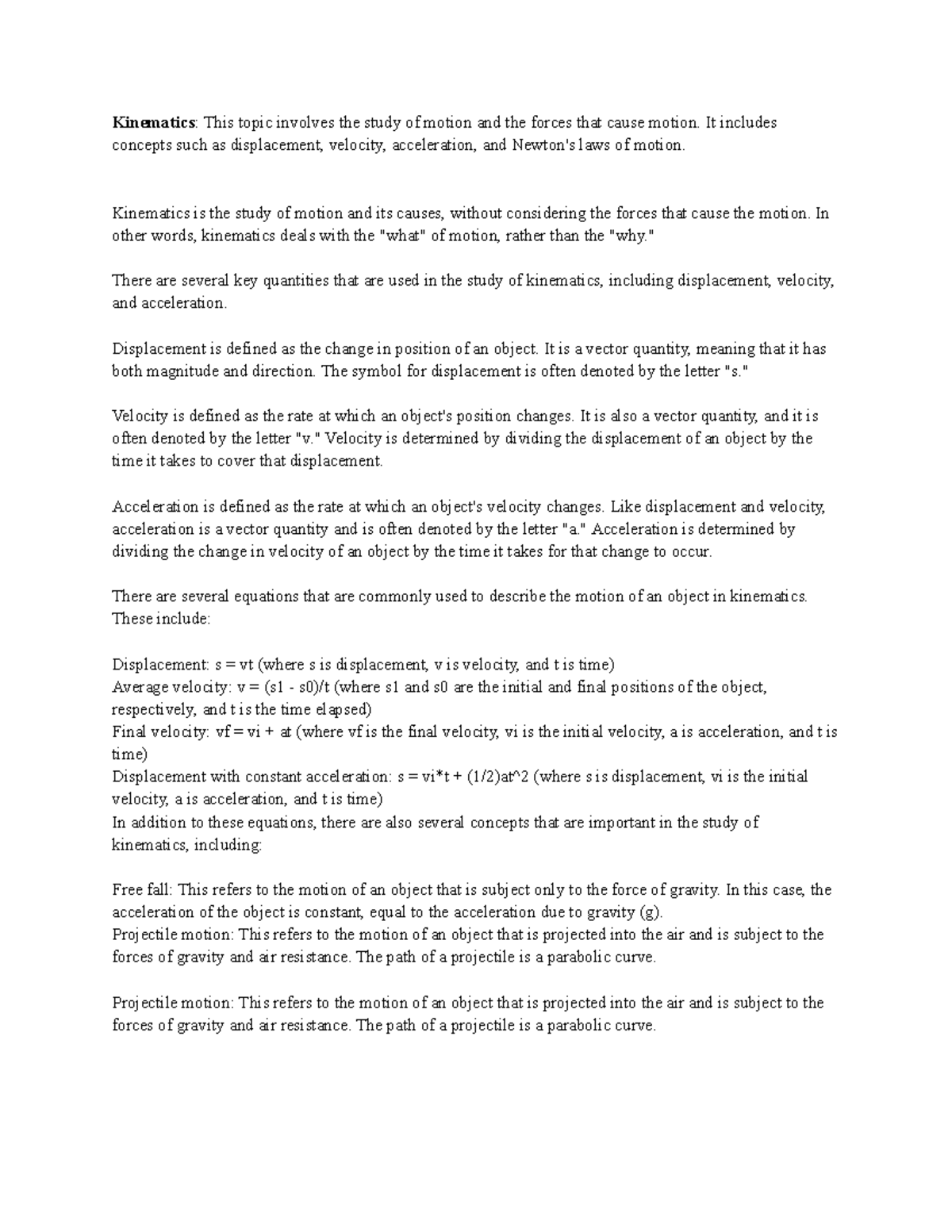 General Physics With Calculus I Notes Kinematics - Kinematics: This ...