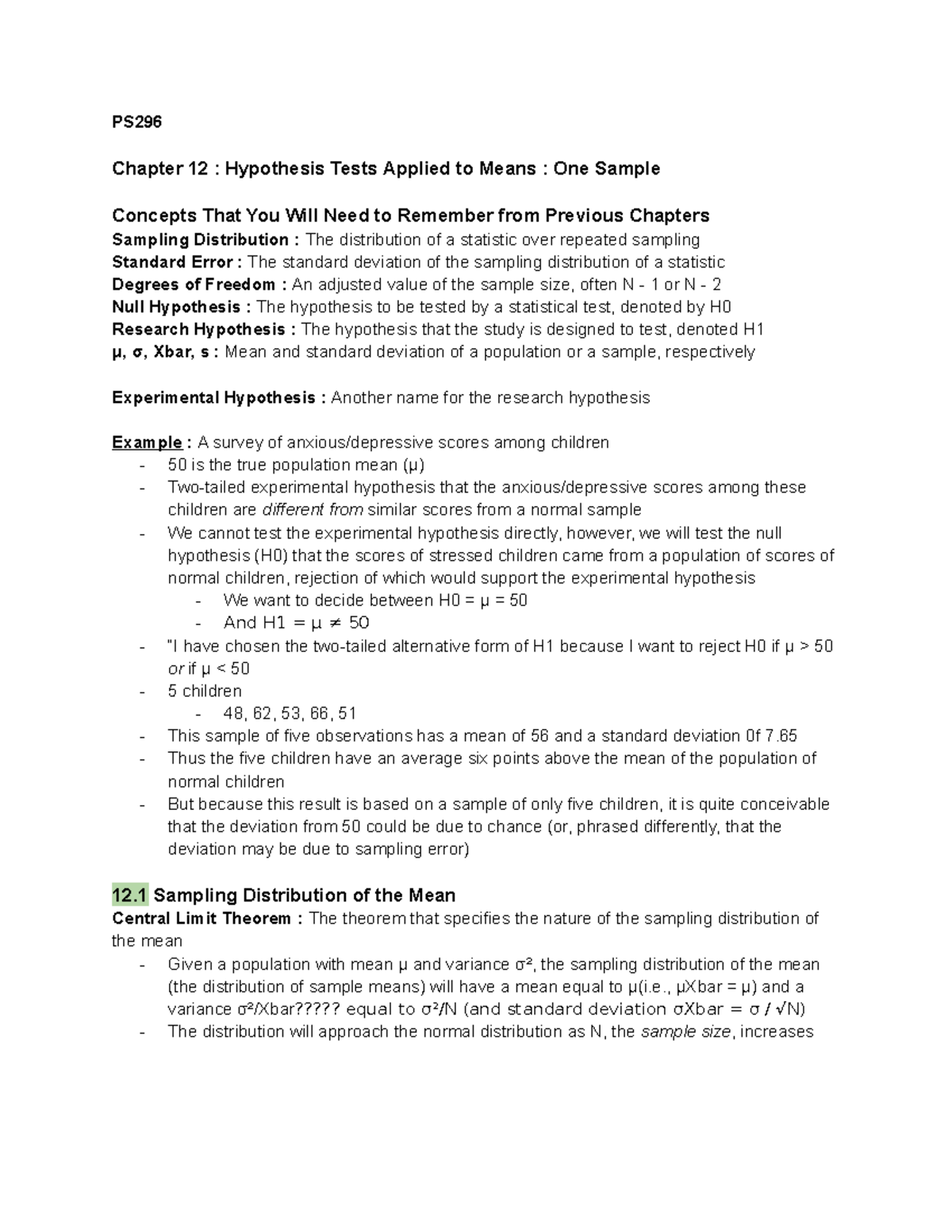 PS296 Chapter 12 Textbook Notes - PS Chapter 12 : Hypothesis Tests ...