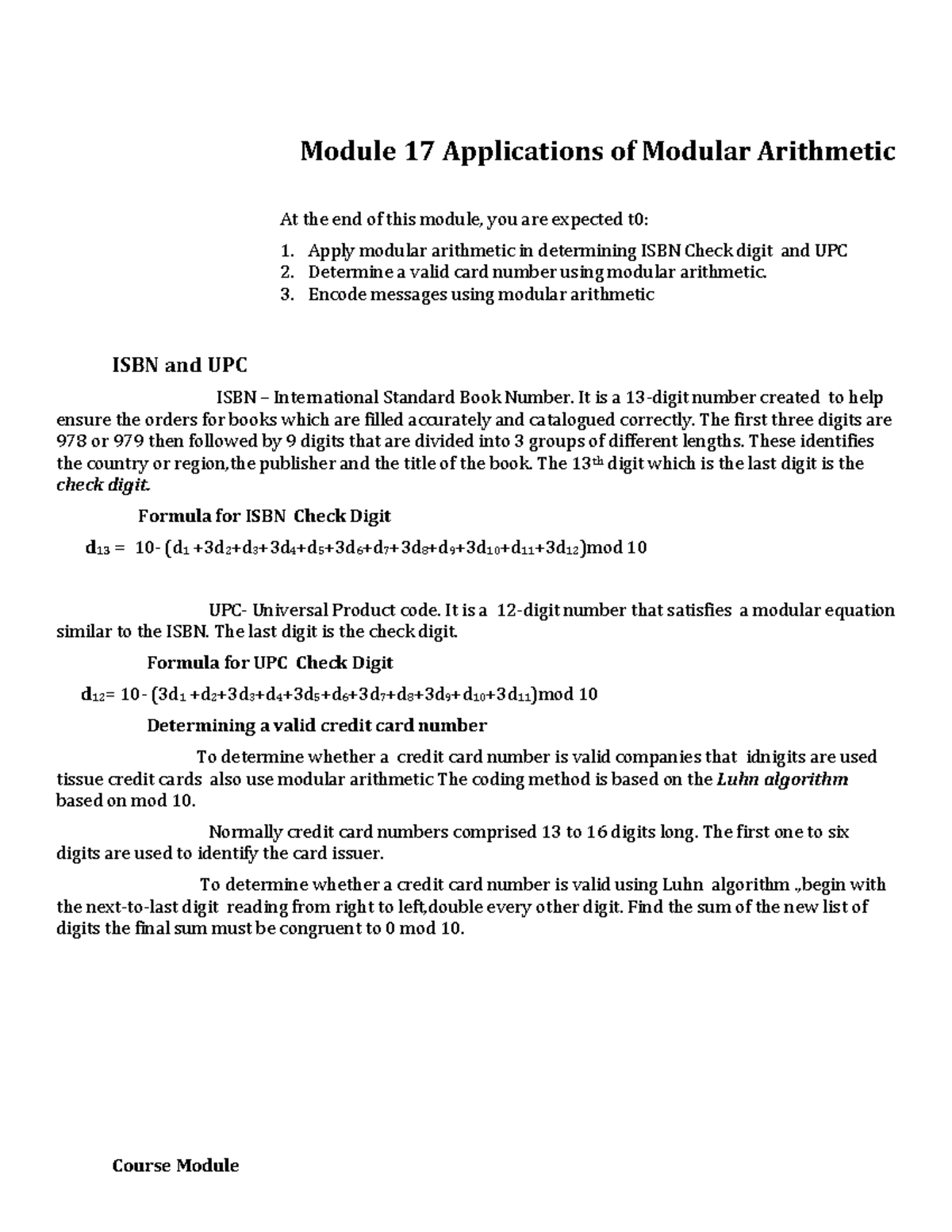 W13- Module 016 Application of Modular Arithmetic - Course Module Module 17 Applications of ...