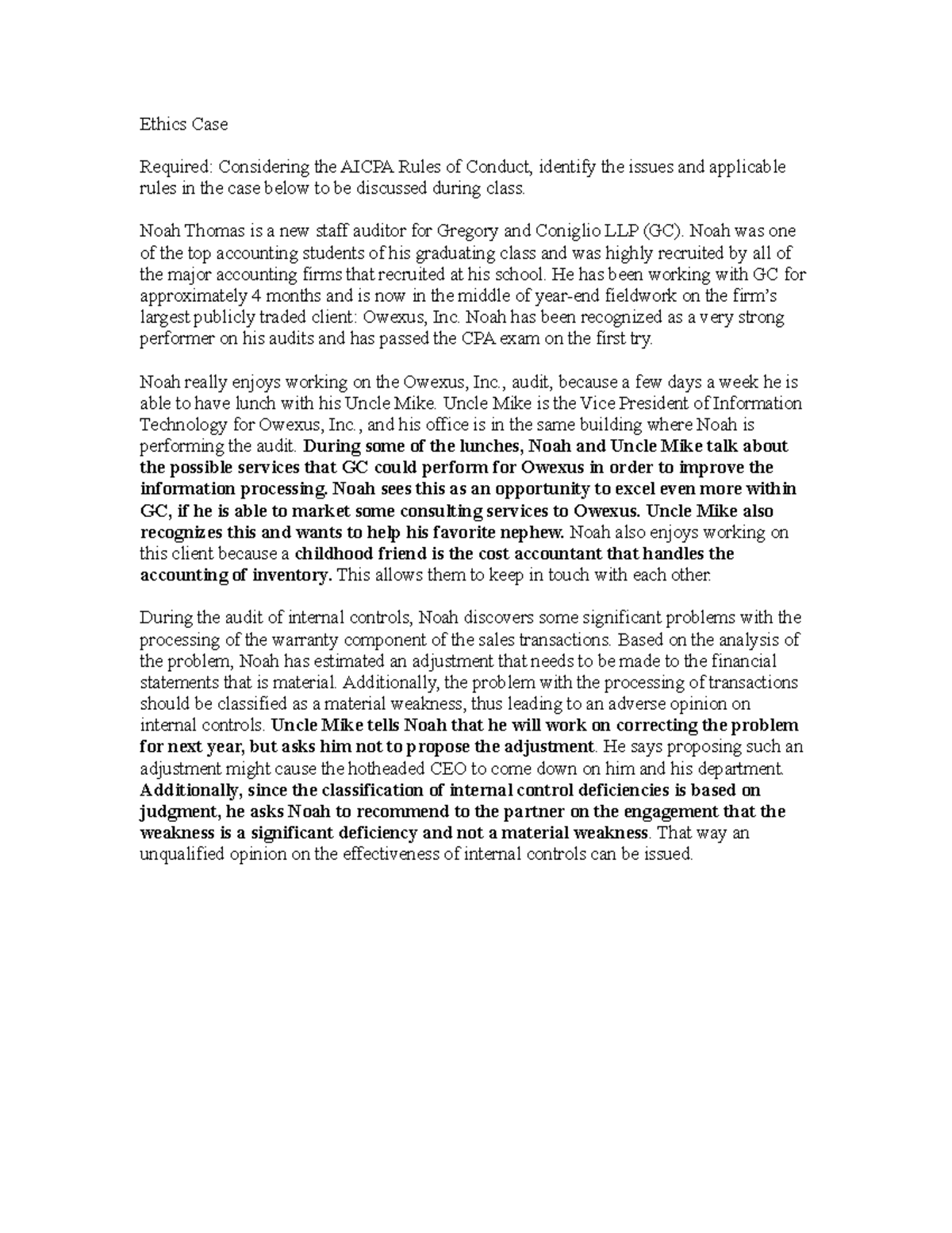 Ethics case 2 - Assignment - Ethics Case Required: Considering the AICPA Rules of Conduct ...