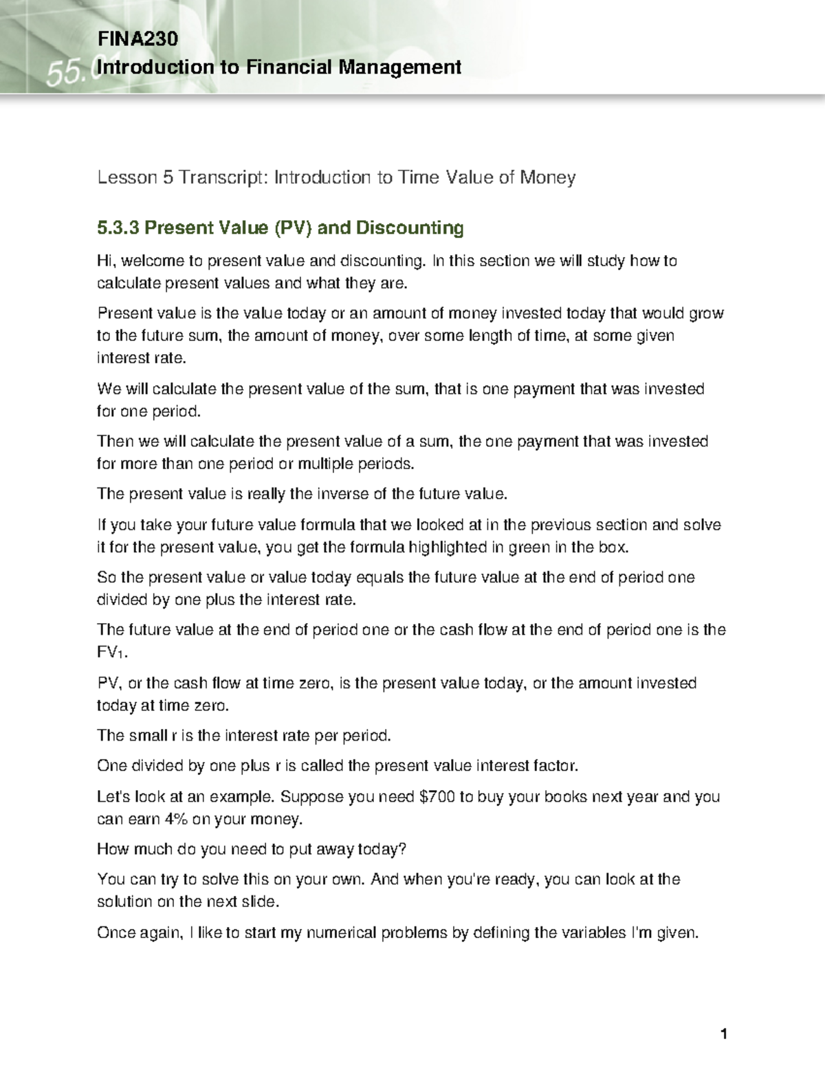 FINA230 Lesson 05 03 03 transcript - Introduction to Financial ...