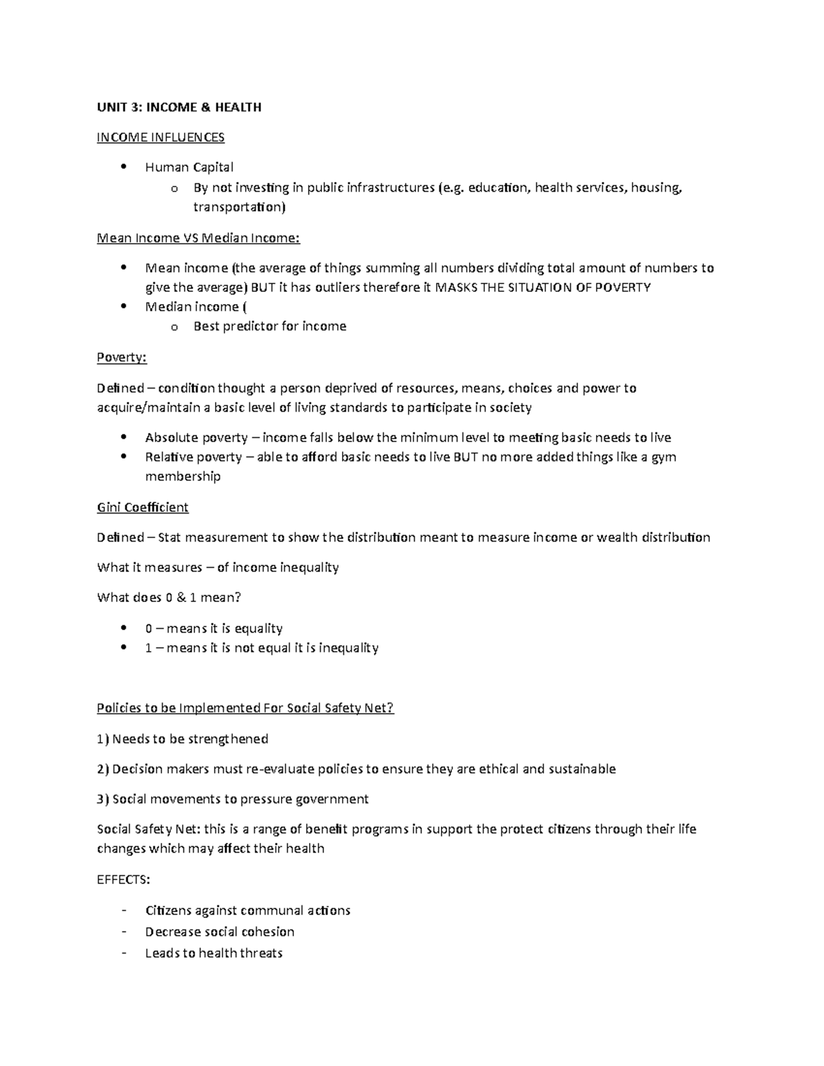Test 1 Review For SDoH - UNIT 3: INCOME & HEALTH INCOME INFLUENCES ...