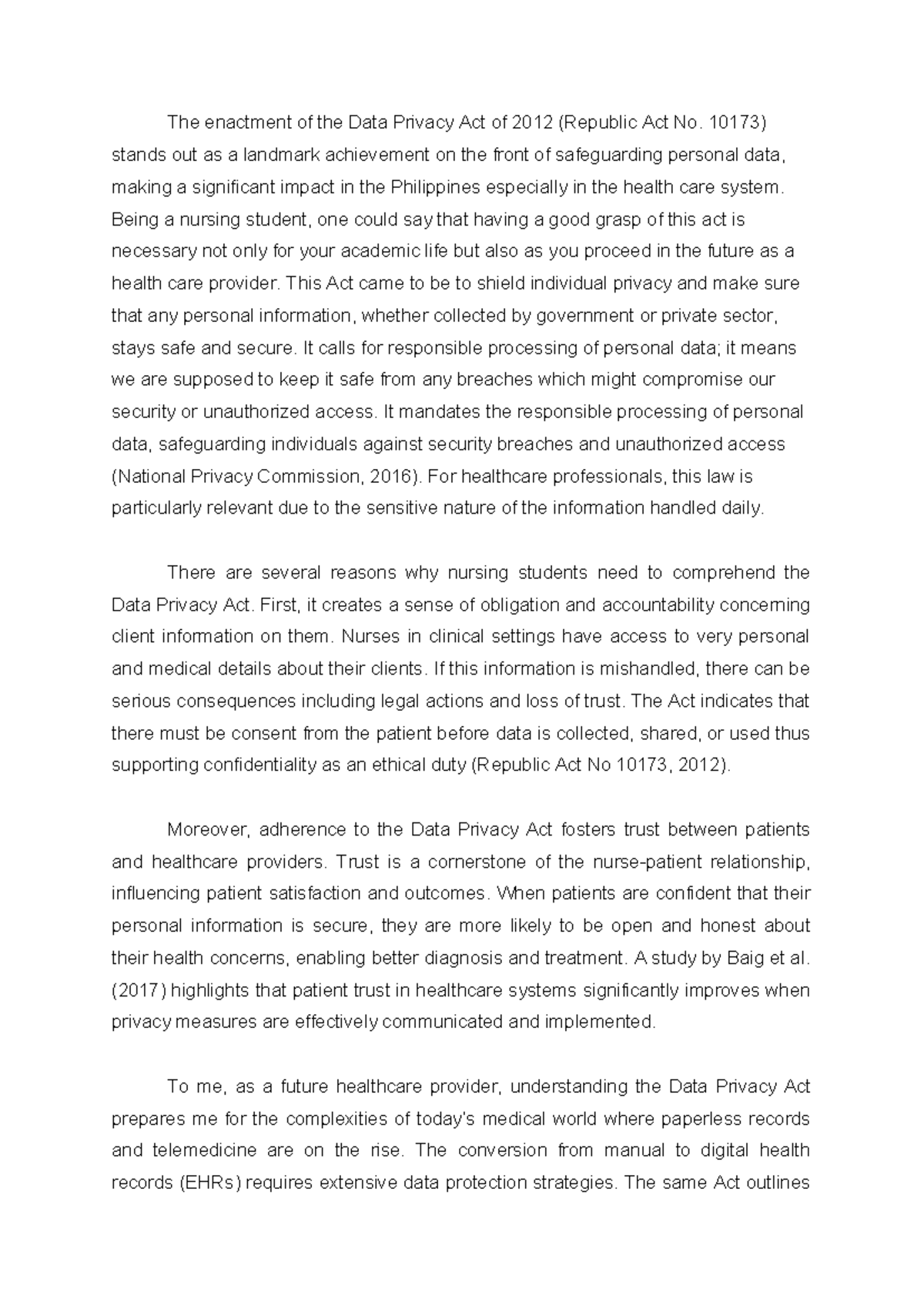 Data Privacy Act Reflection . Essay. - The enactment of the Data ...