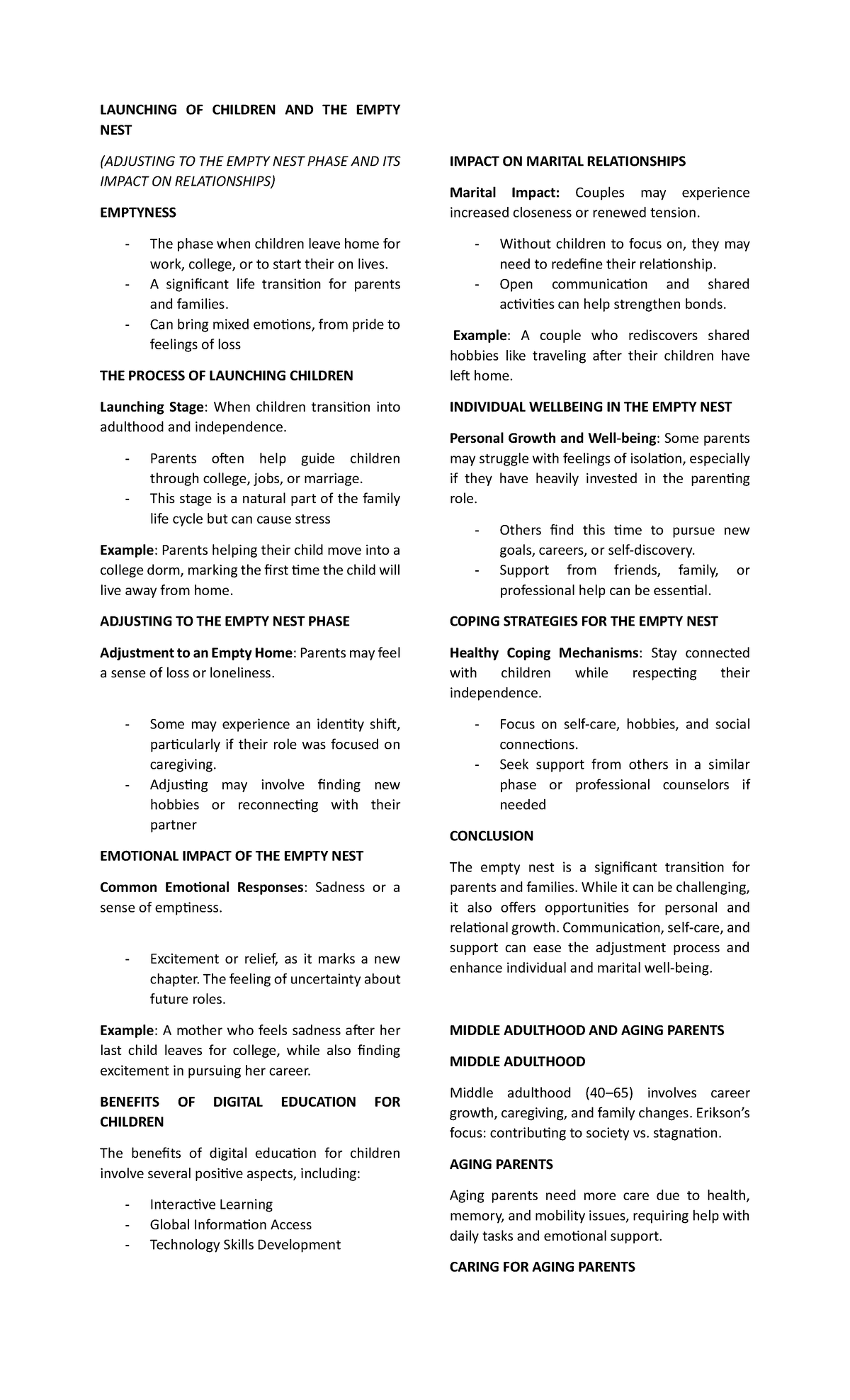 Notes - LAUNCHING OF CHILDREN AND THE EMPTY NEST (ADJUSTING TO THE ...