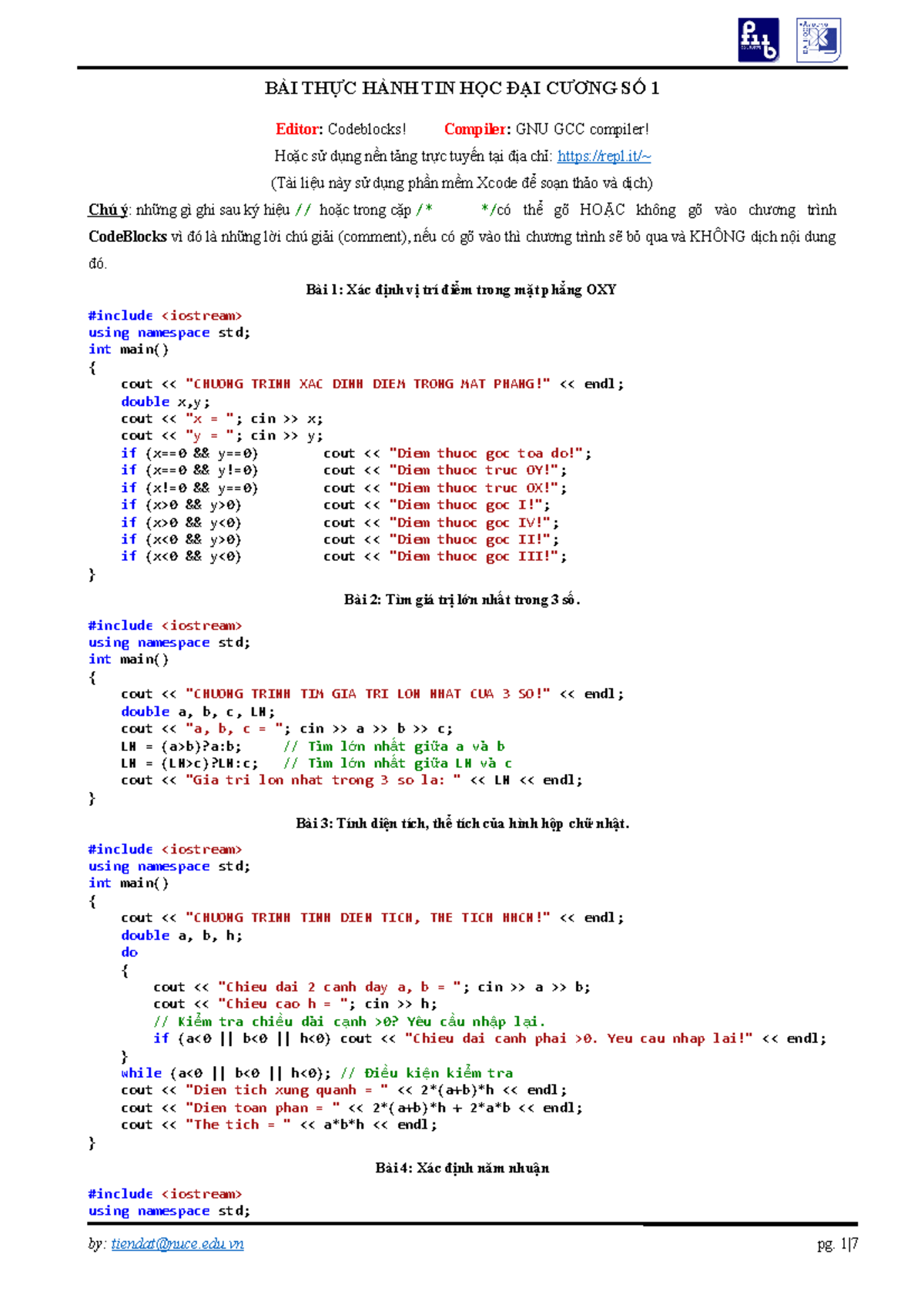 Thu Hanh C Bài Tập C BÀi ThỰc HÀnh Tin HỌc ĐẠi CƯƠng SỐ 1 Editor Codeblocks Compiler