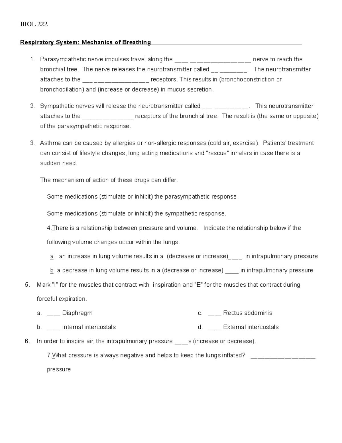 Worksheet Mechanics of Breathing and Pulmonary Ventilation - BIOL 222 ...