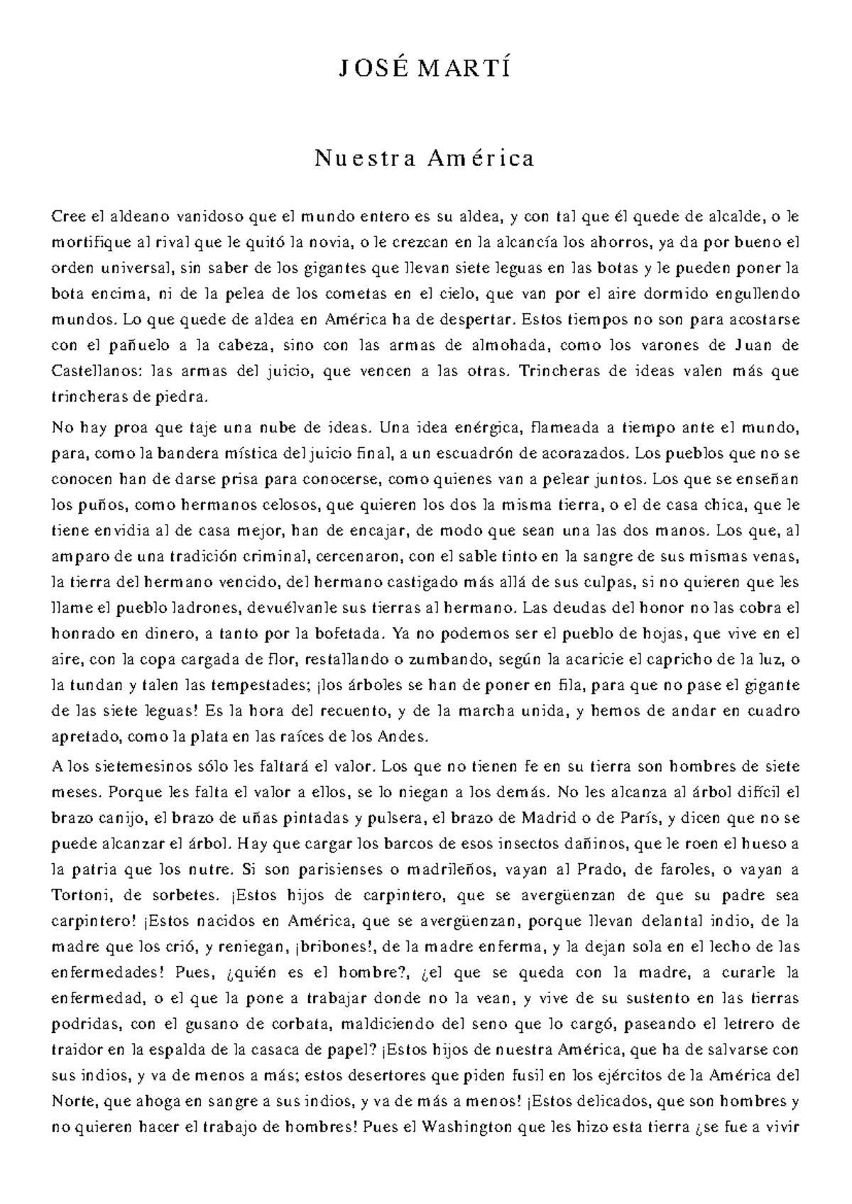 Nuestra América, José Martí - JOSÉ MARTÍ Nuestra América Cree el ...