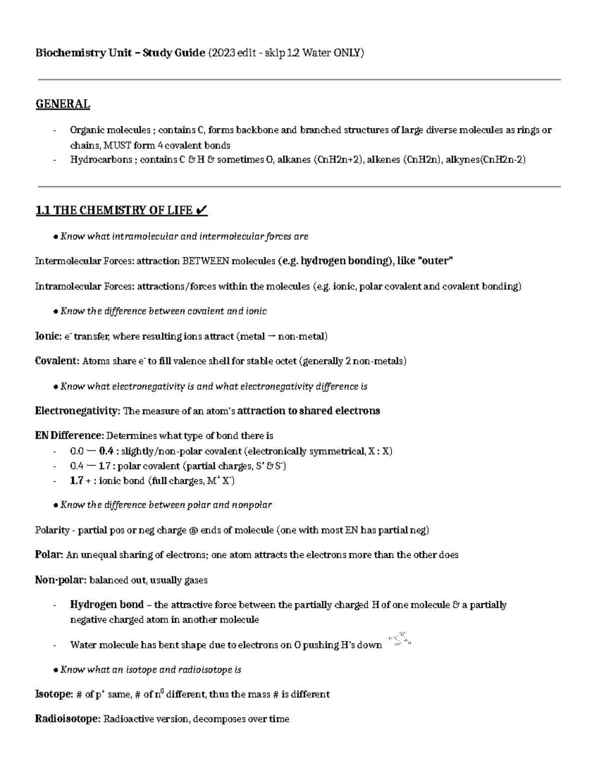 UNIT 1 bio study guide Biochemistry - Biochemistry Unit – Study Guide ...