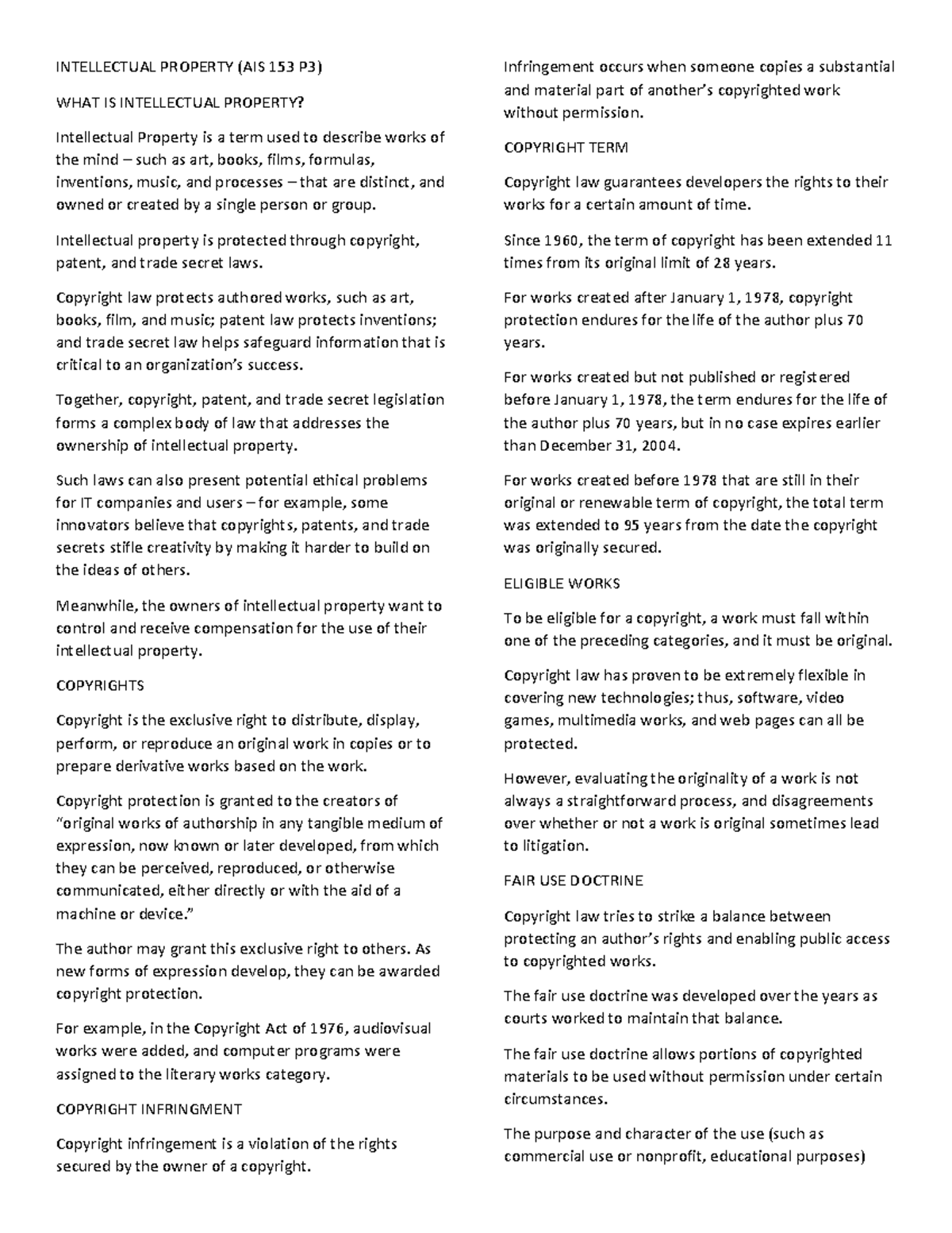 Intellectual Property (AIS 153 P3) - INTELLECTUAL PROPERTY (AIS 153 P3 ...