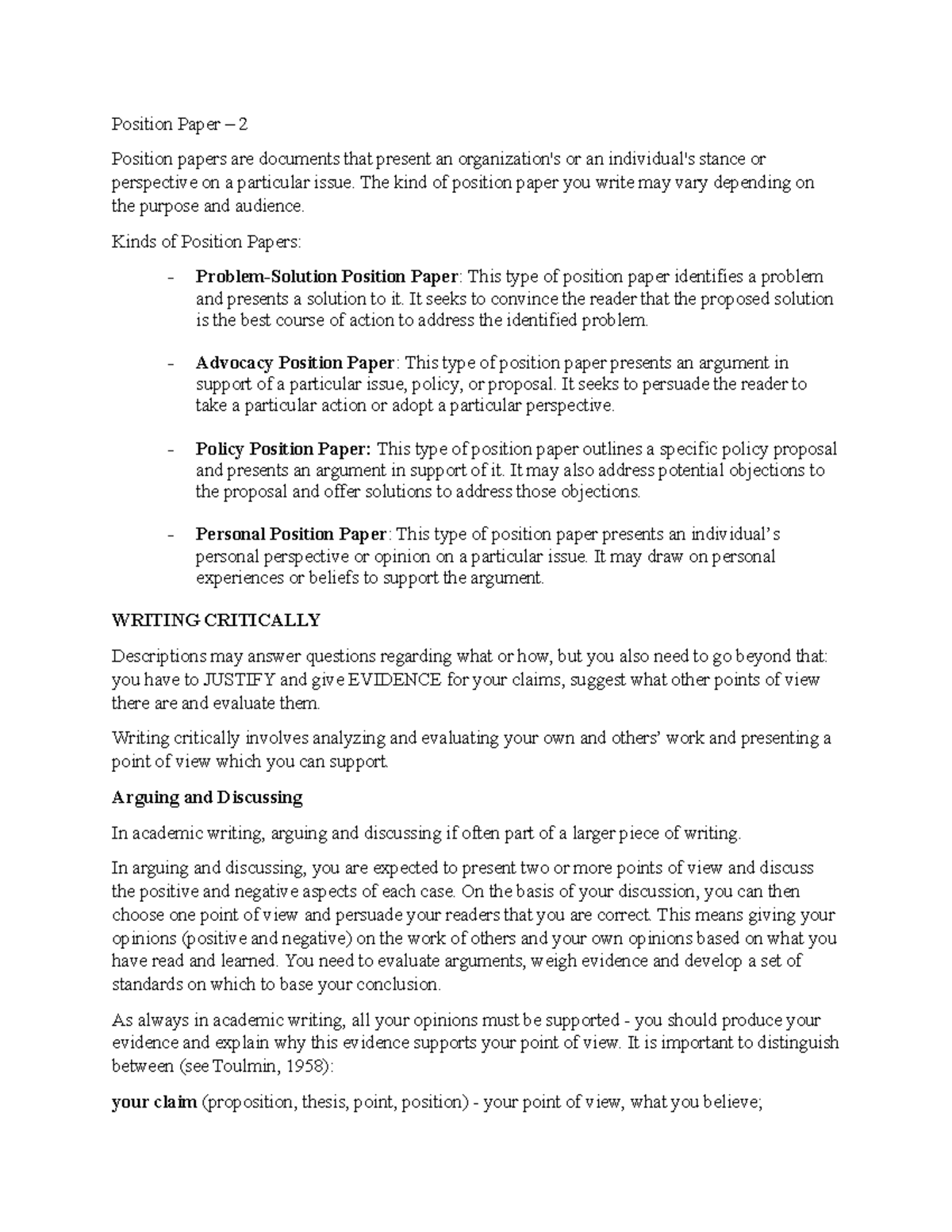 Position-Paper-2 - notes - Position Paper – 2 Position papers are ...
