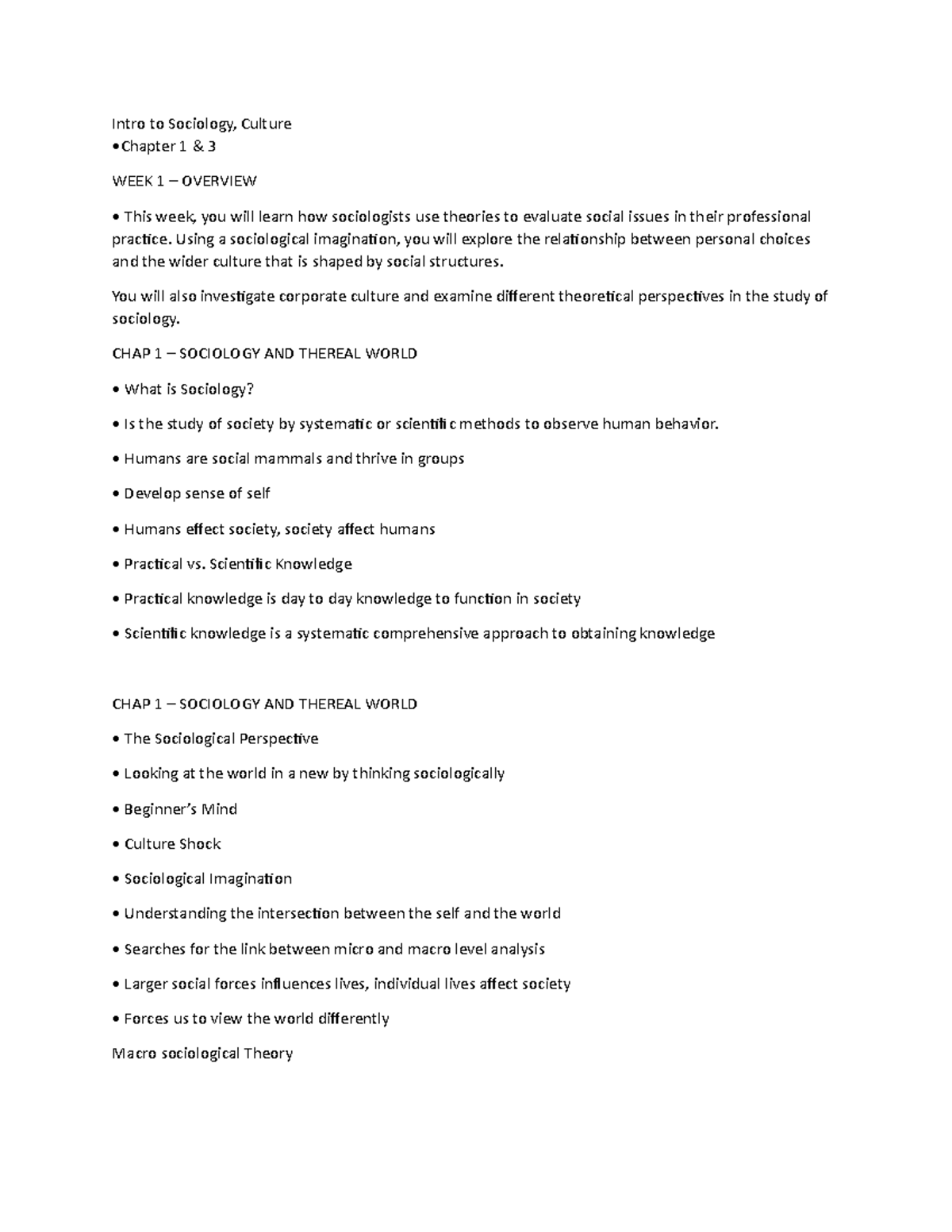 Chapter 1 and 3 intro to sociology notes - Intro to Sociology, Culture ...