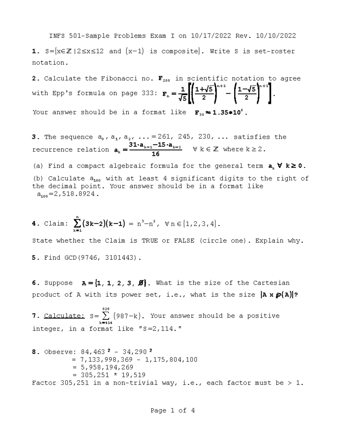 Sample Exam 1 F2022 2 - practice material - INFS 501-Sample Problems ...
