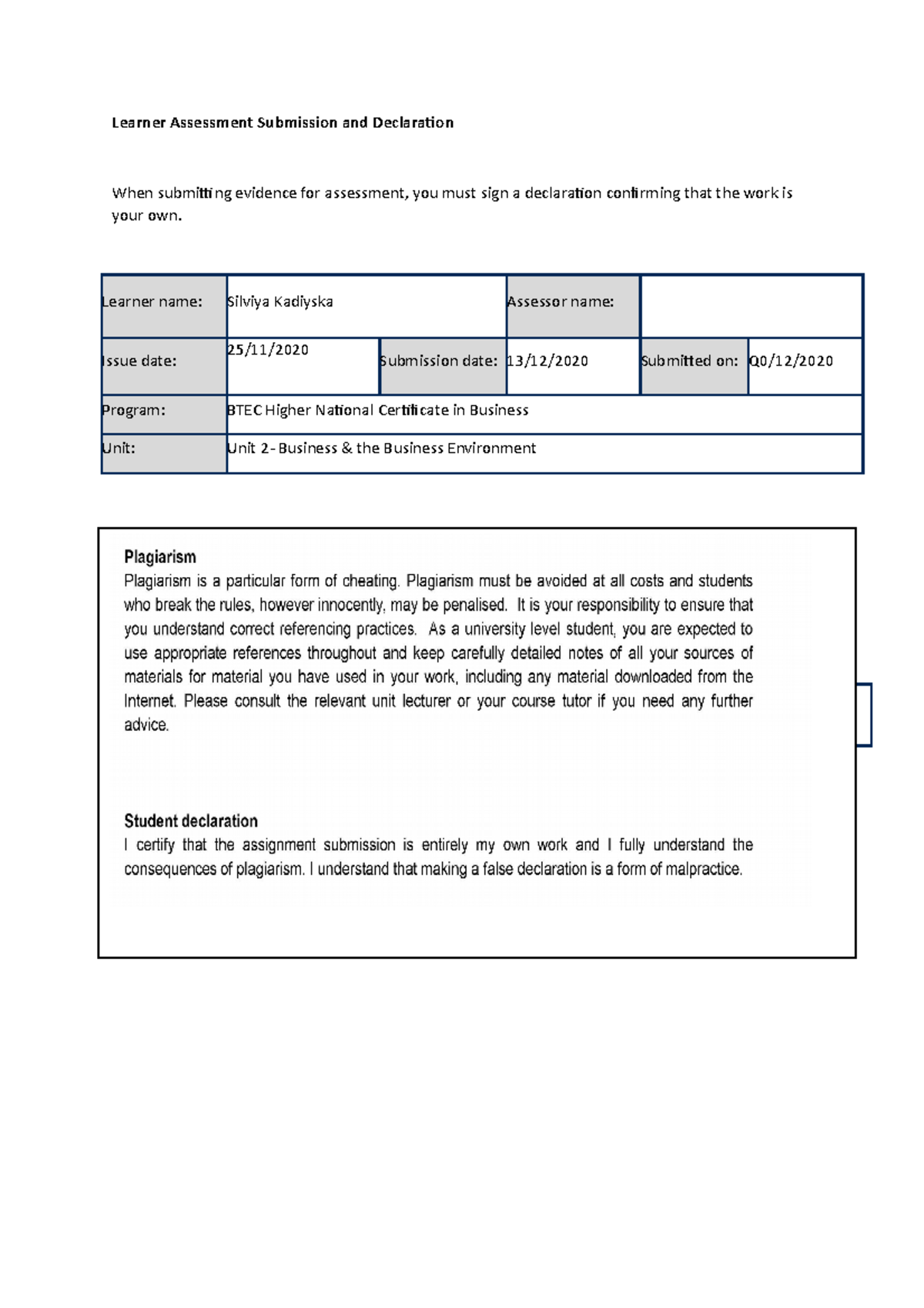 Business Environment - Learner Assessment Submission and Declaration When submitting evidence ...